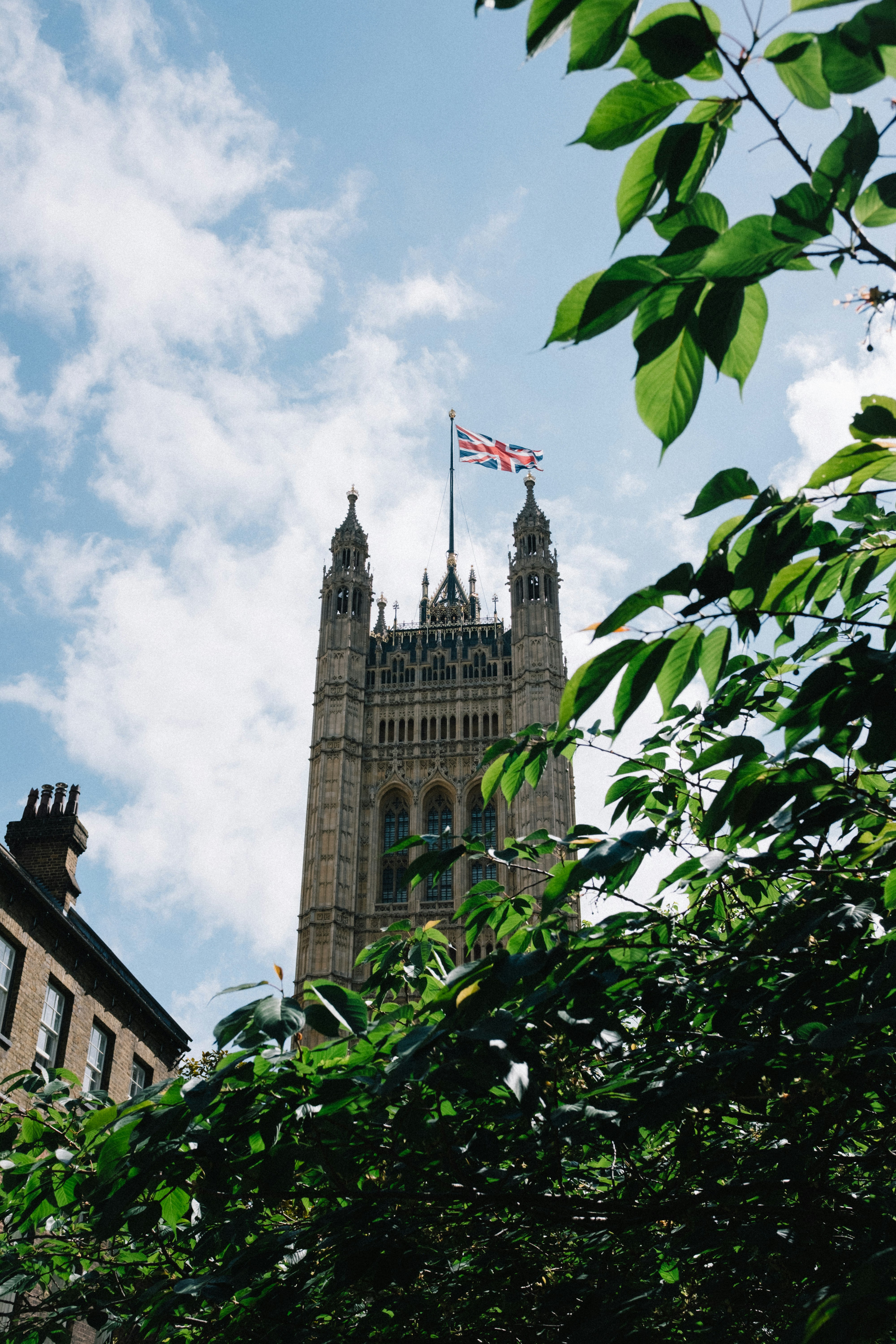 Towering Grace: Westminster's Flag and Foliage Framing the Sky