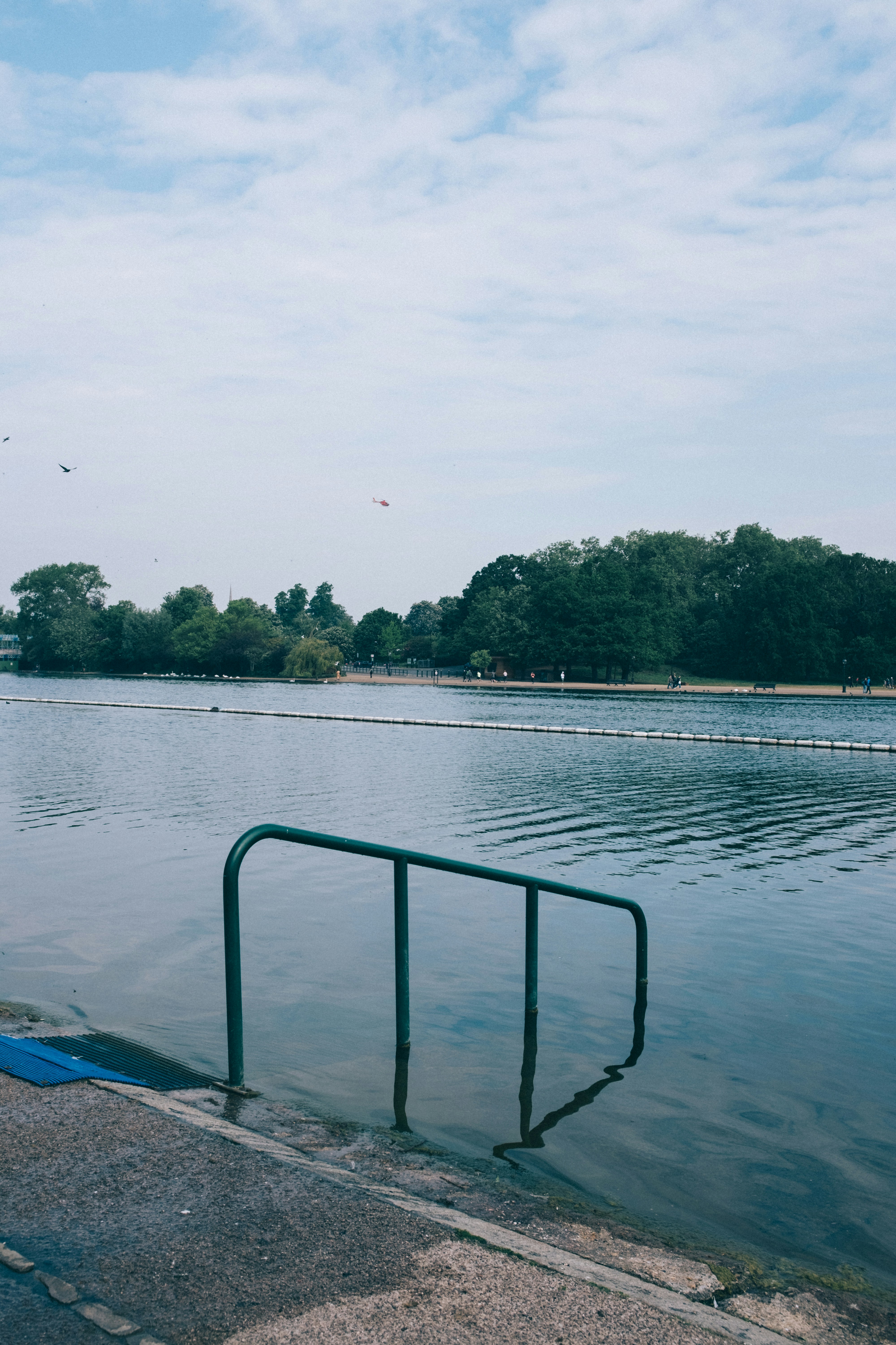 Teal Handrail Reaching into Quiet Lake