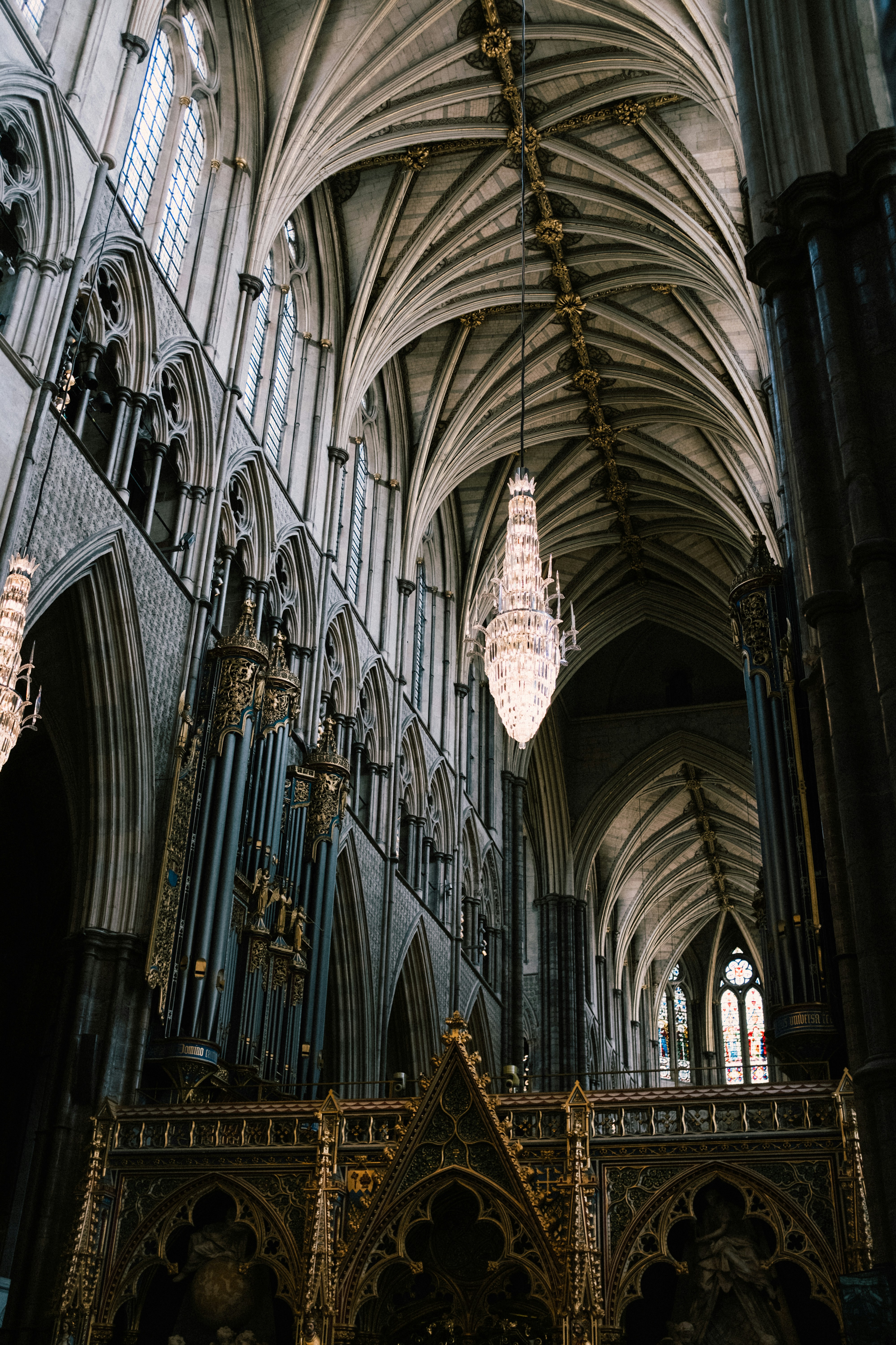 Crystalline Chandelier Amid Gothic Vaults