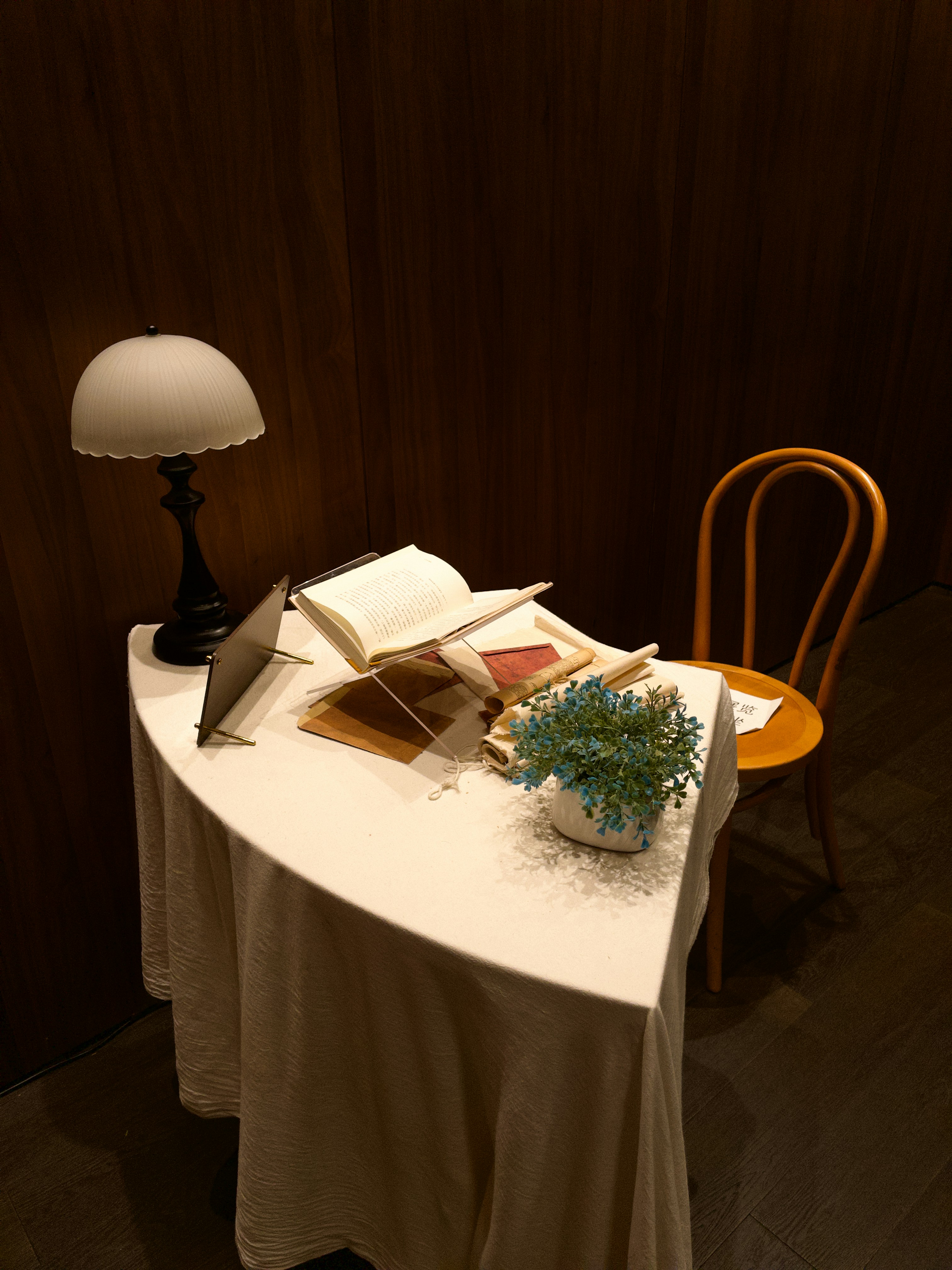 Quiet Stillness on a Studied Table: A Book, Lamp, and Vase in Soft Light