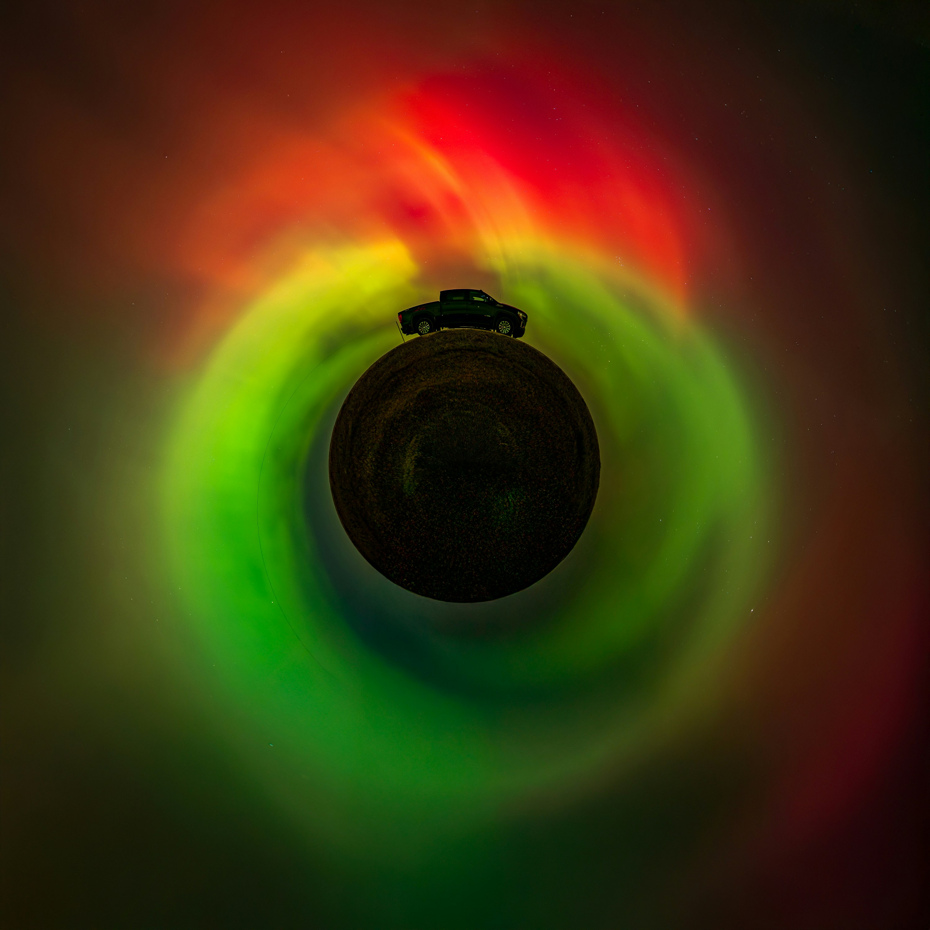 AuroraVortex: A Lone Vehicle Surrounded by Neon Ring