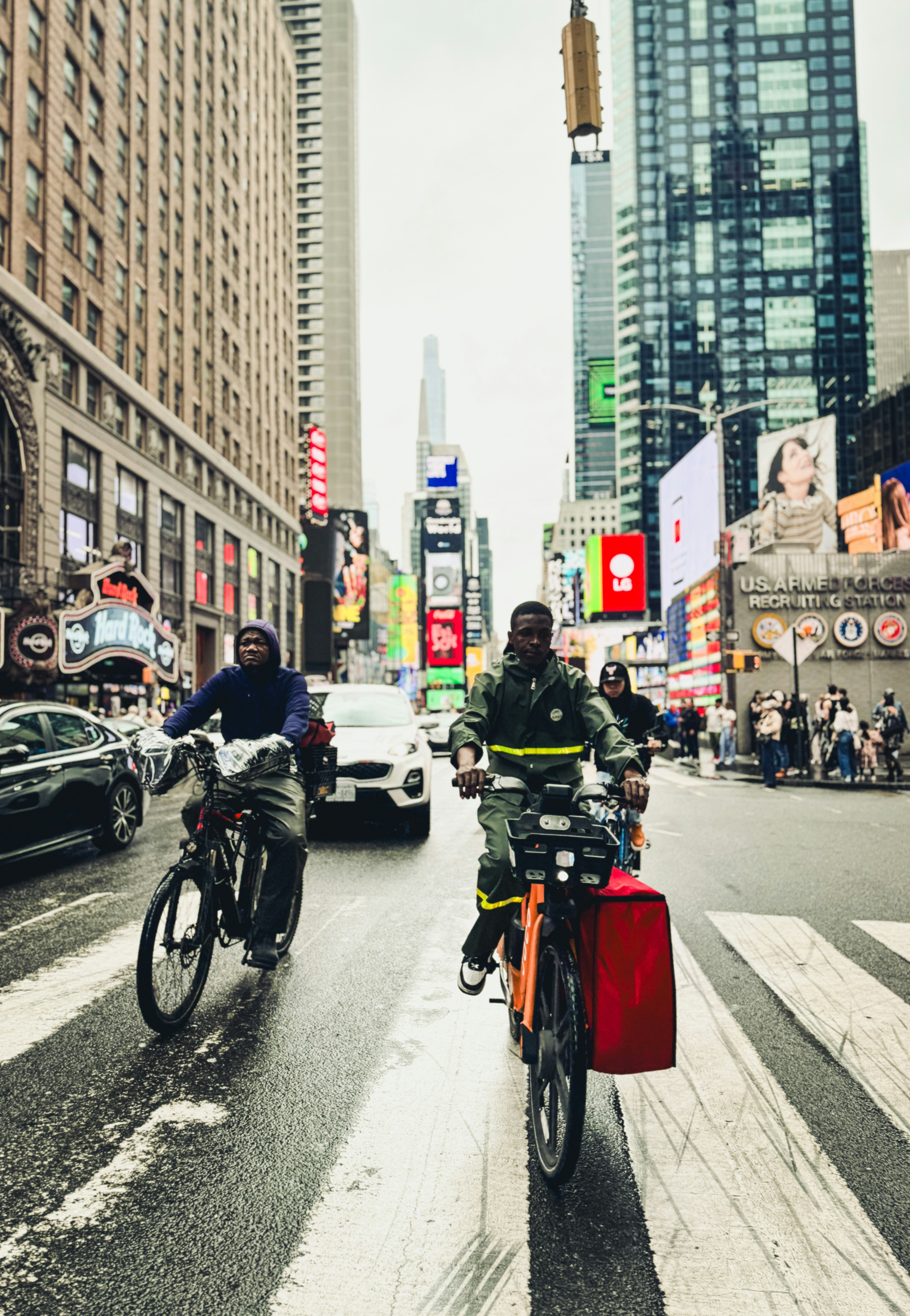 City Cyclists in a Neon Crossroad