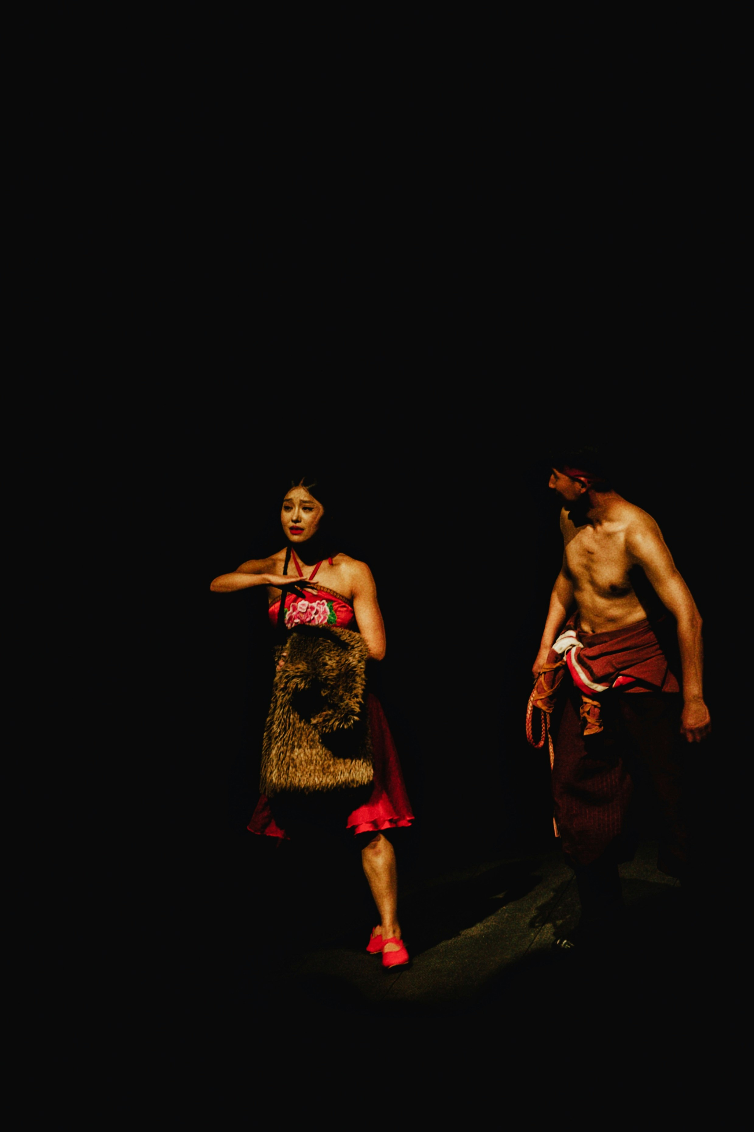 Silhouettes on Stage: A Fiery Duet in the Darkness