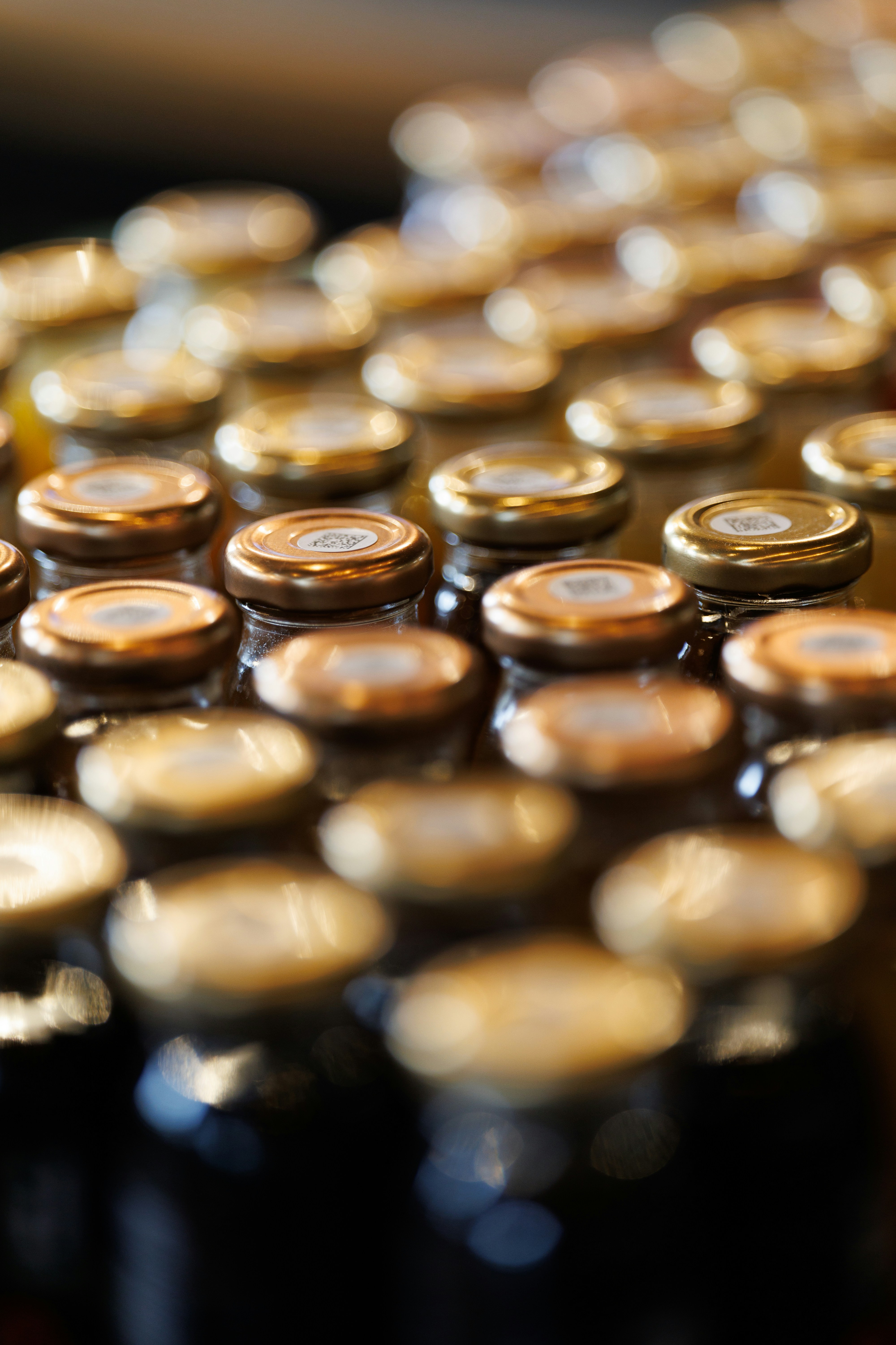 Rows of design: amber bottle caps in a softly blurred brewery horizon