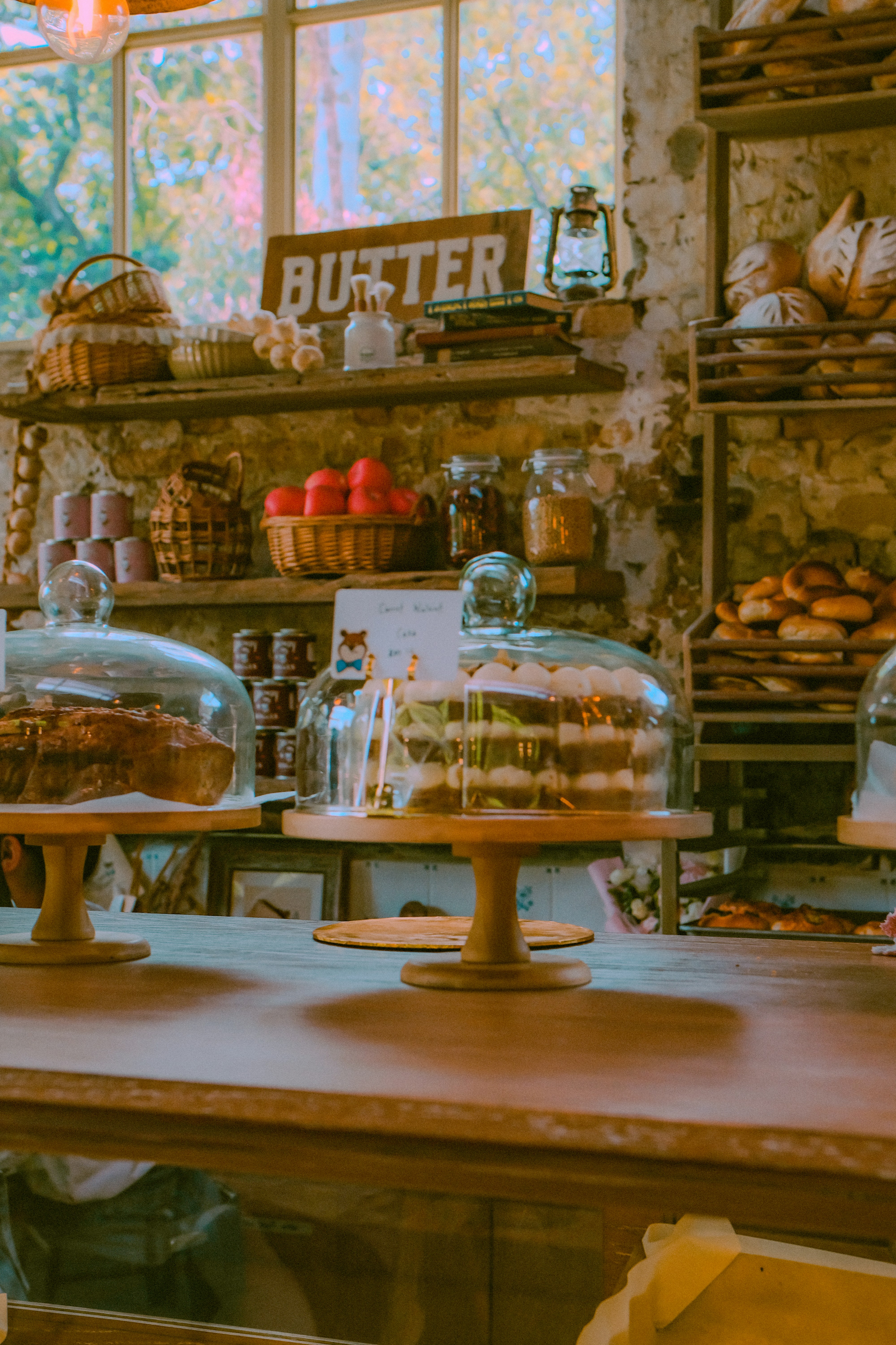 Bake Shop Window: A Cozy Bakery Scene with Dusty Glass Domes