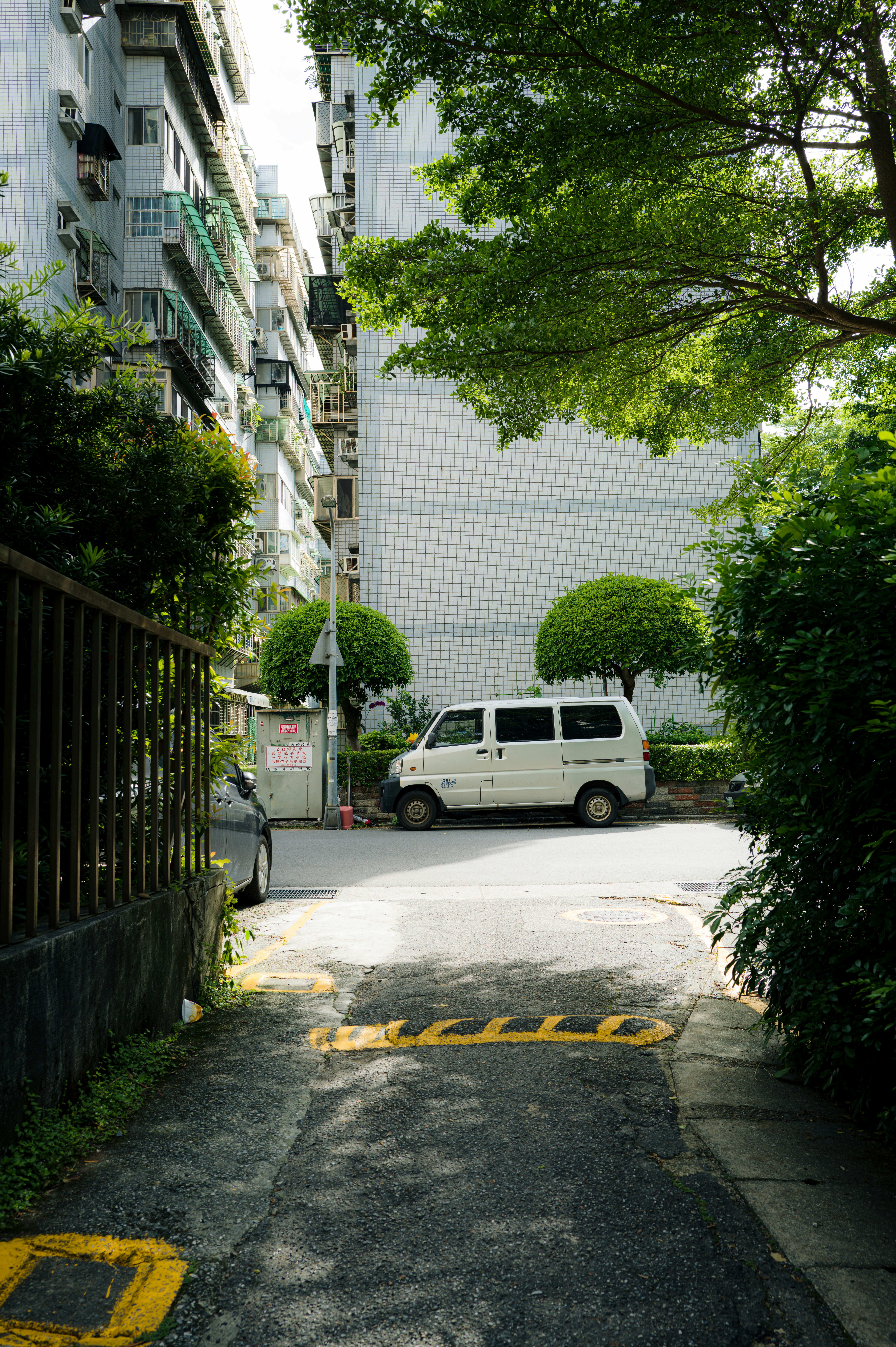 Urban Quiet: A White Van Framed by Greenery in a Narrow Street
