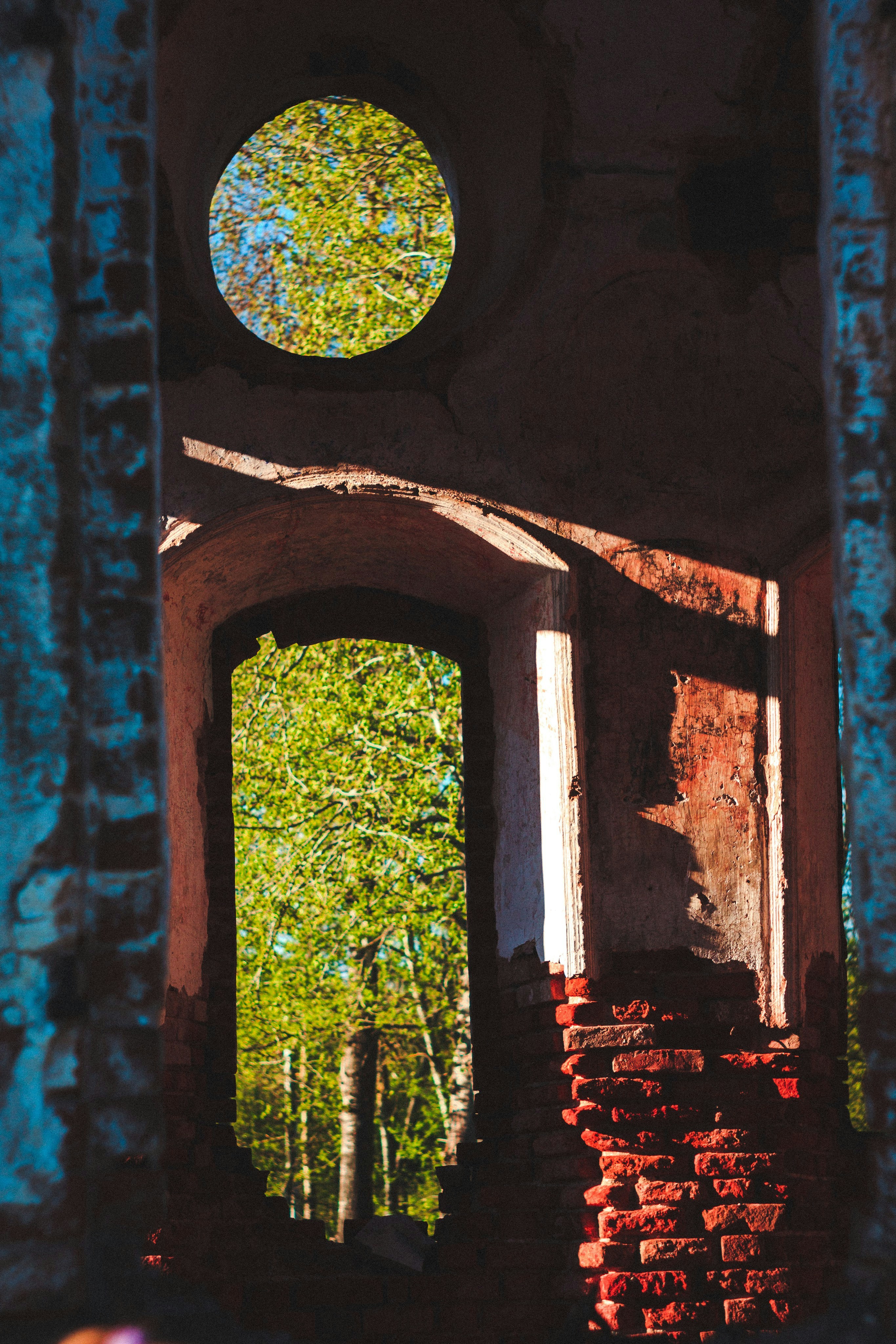 Ruins of Light: a circular window gazing into green, through ash-brick arches