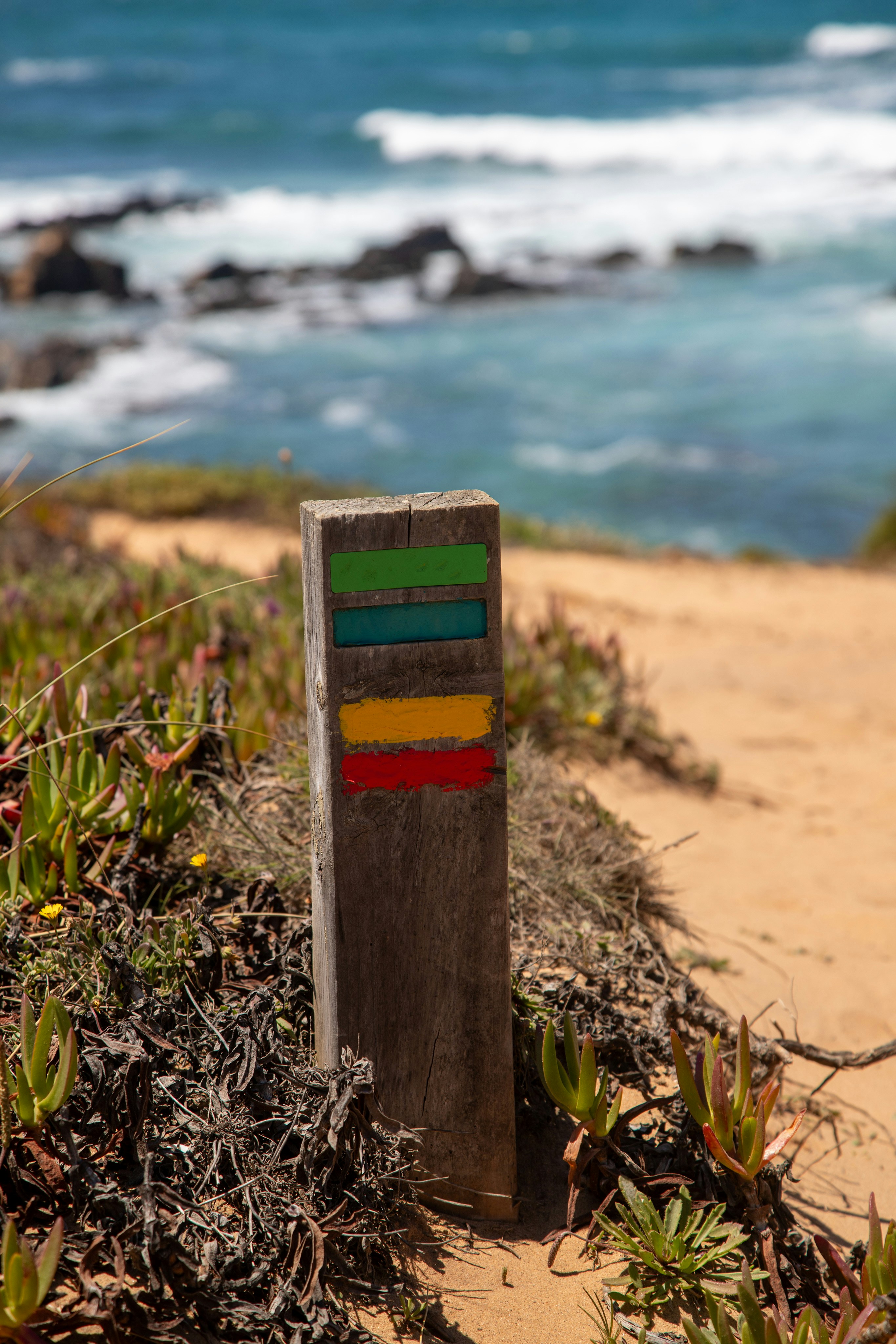 Trail Marker in coastal dunes: color bands guiding the way to the sea