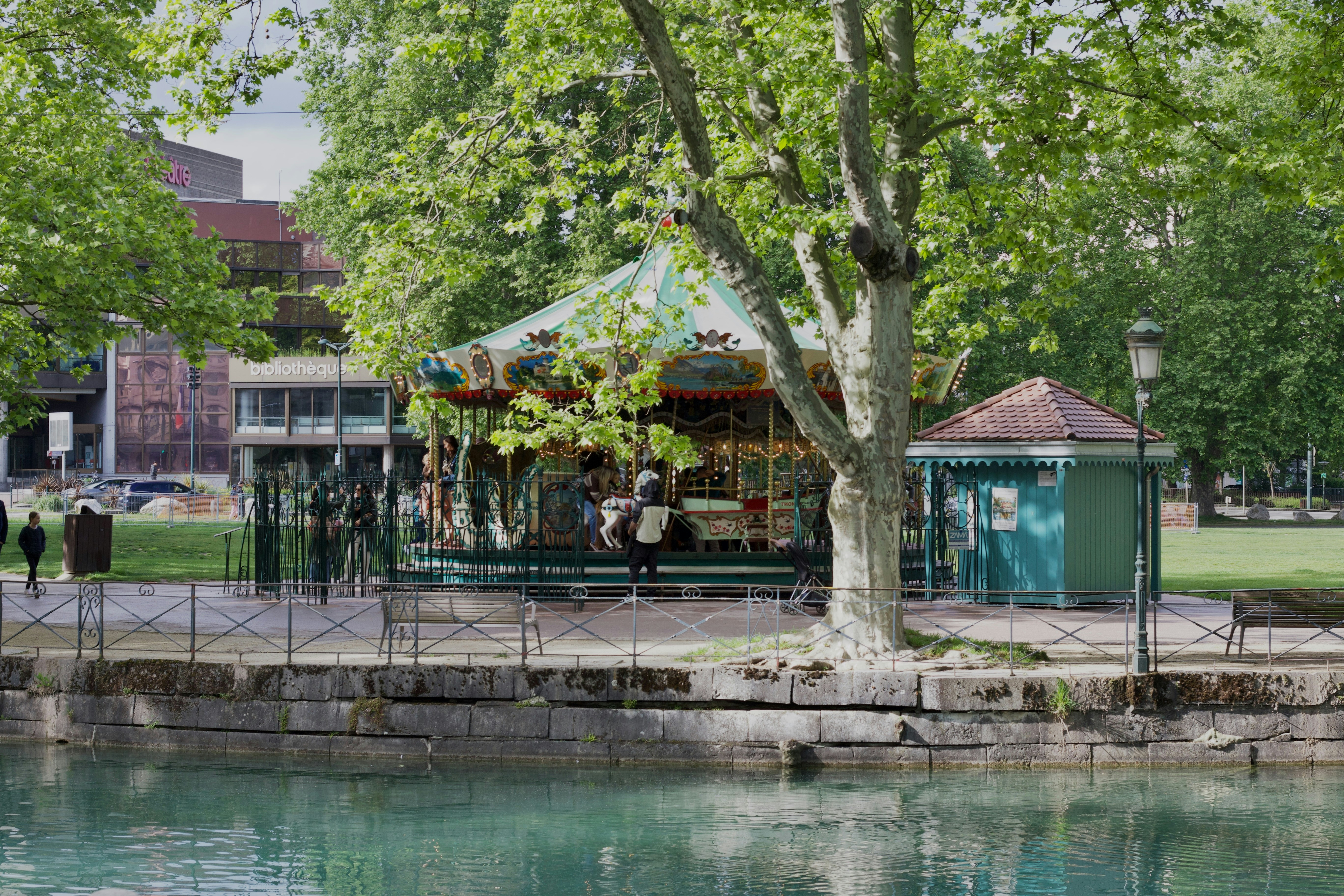 Carousel under the Canopy: A Tranquil Park Moment by the Riverside