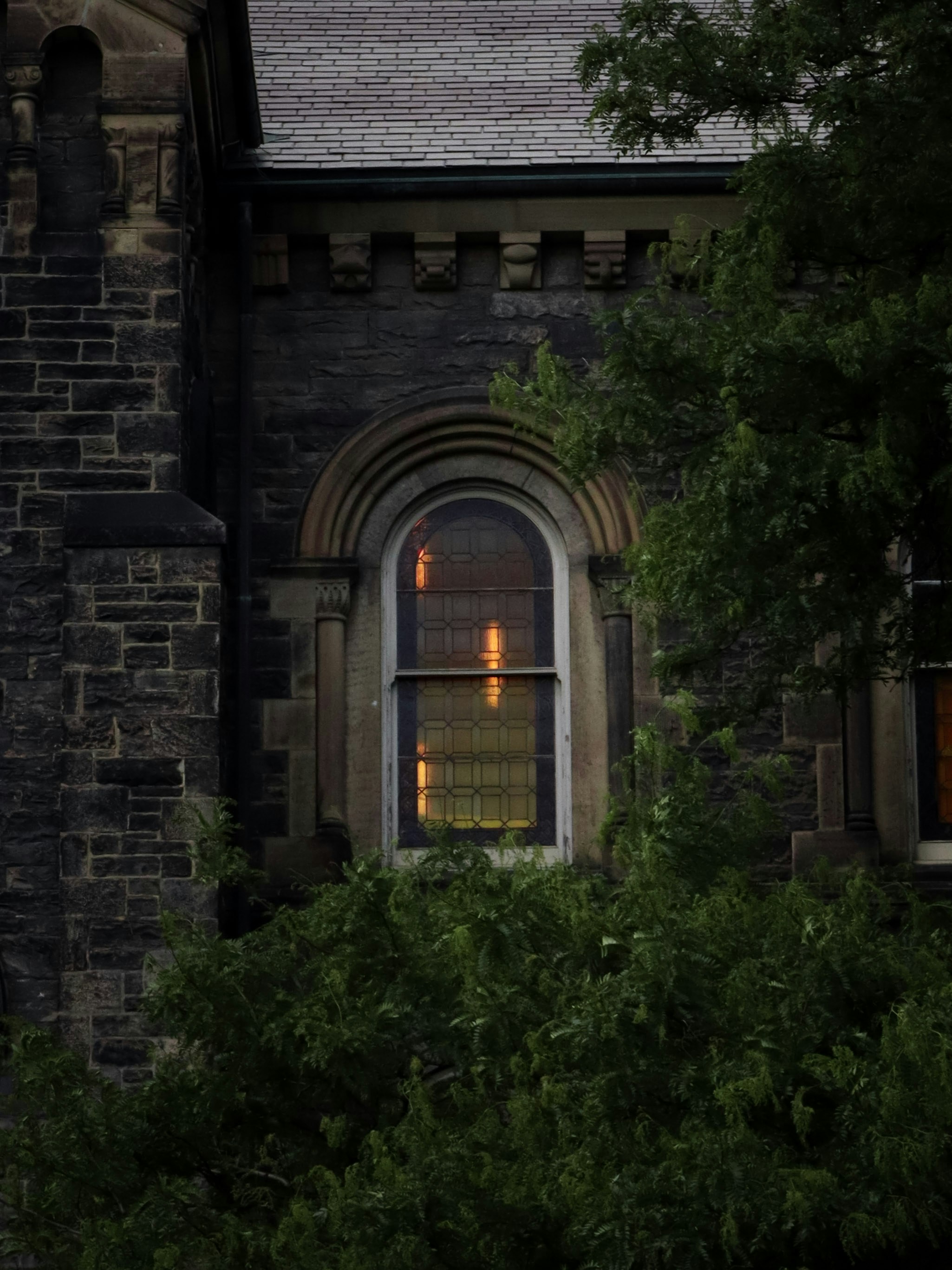 Gothic Window Glow Through Evening Ivy