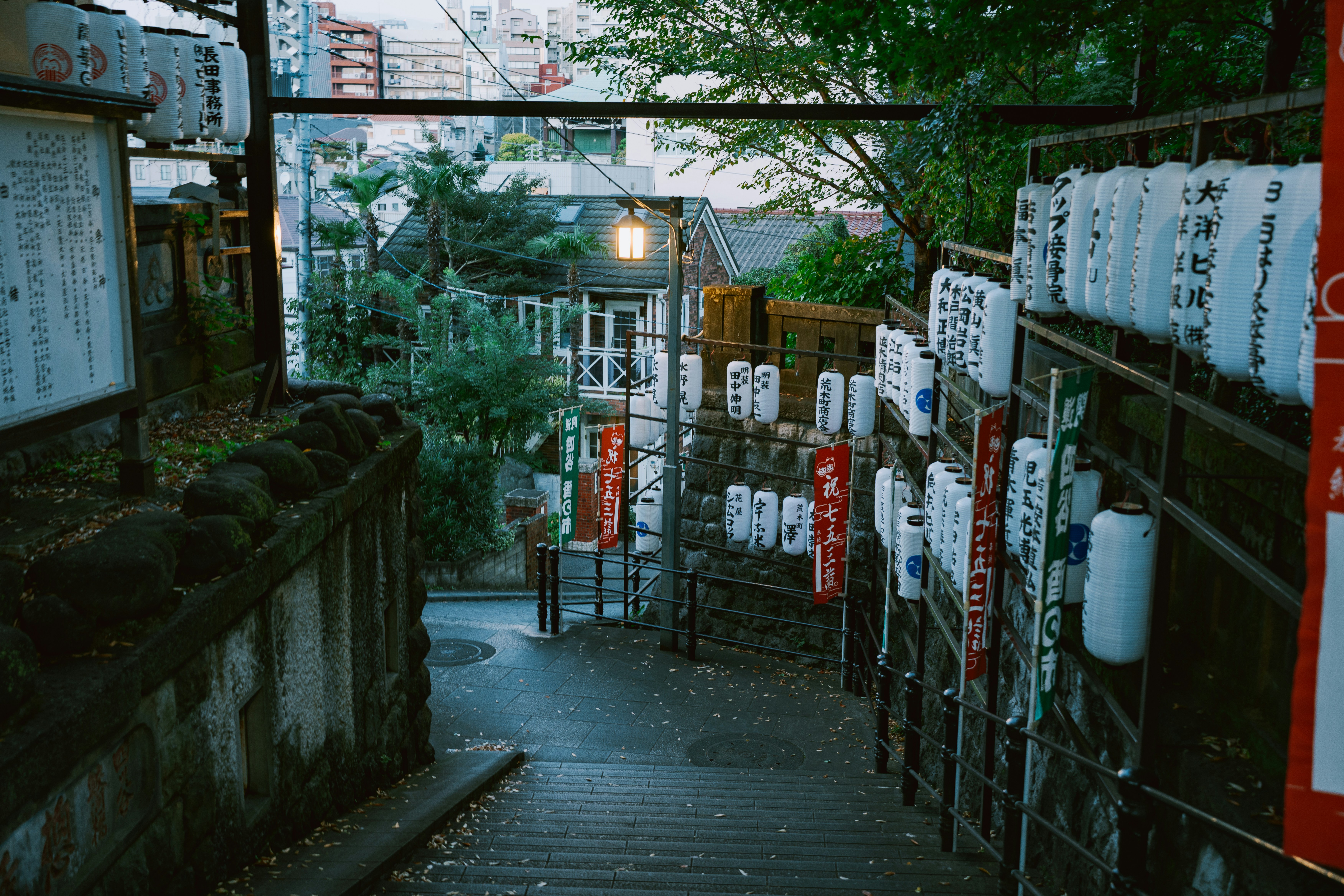 Lantern-lit Staircase to a Quiet Shrine Path