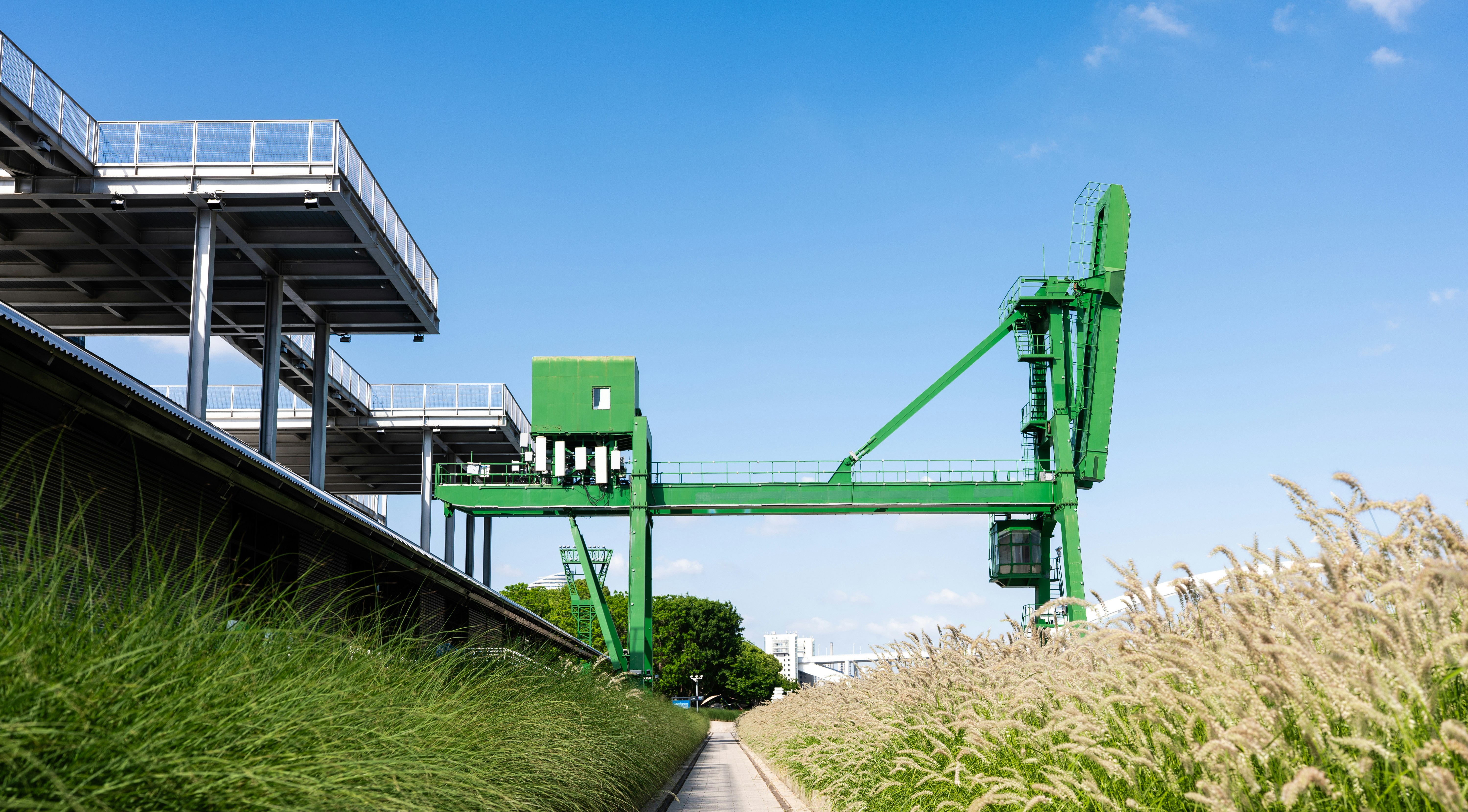 Green Crane over a Concrete Corridor