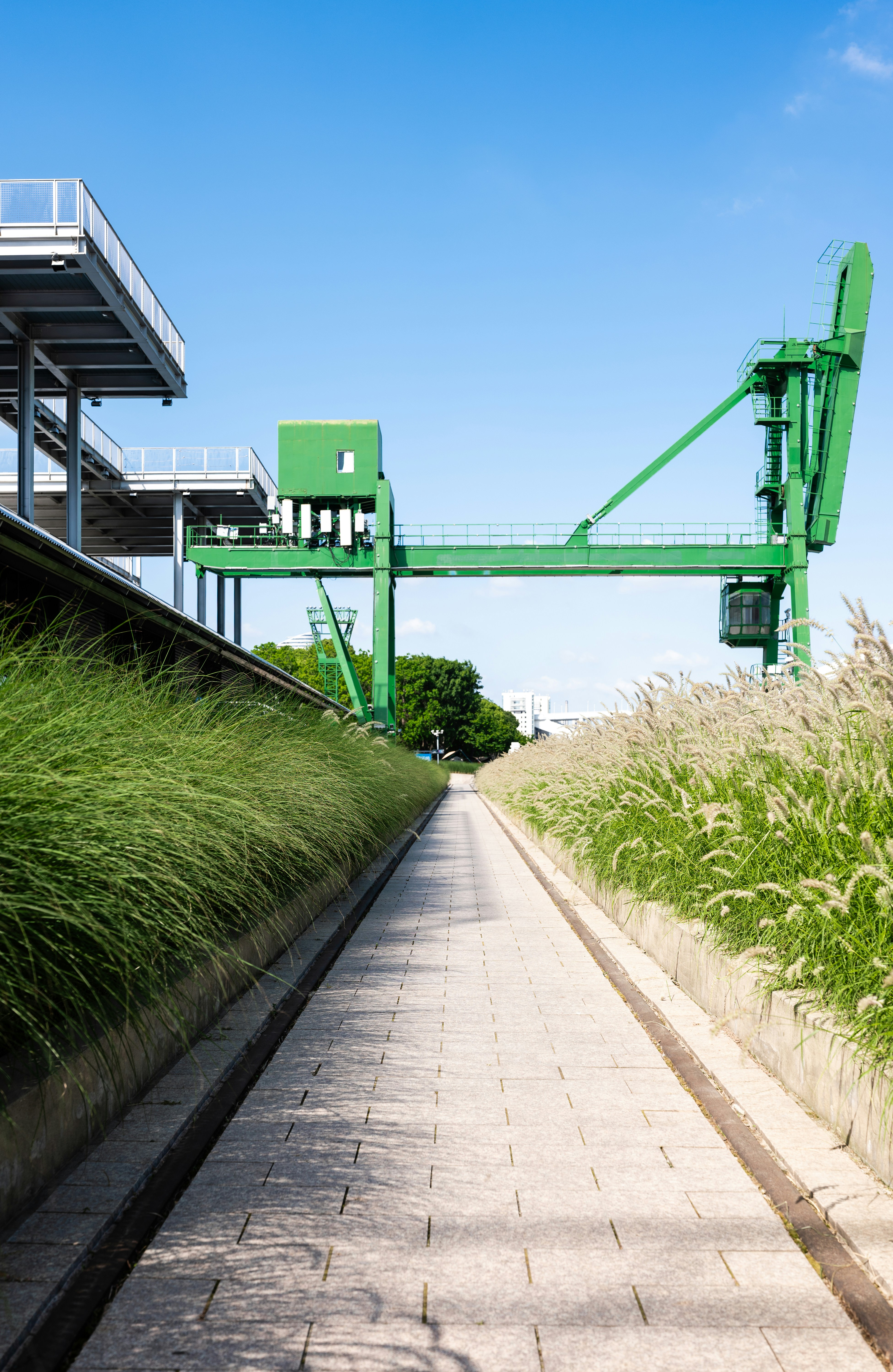 A green industrial crane stands over a pathway.