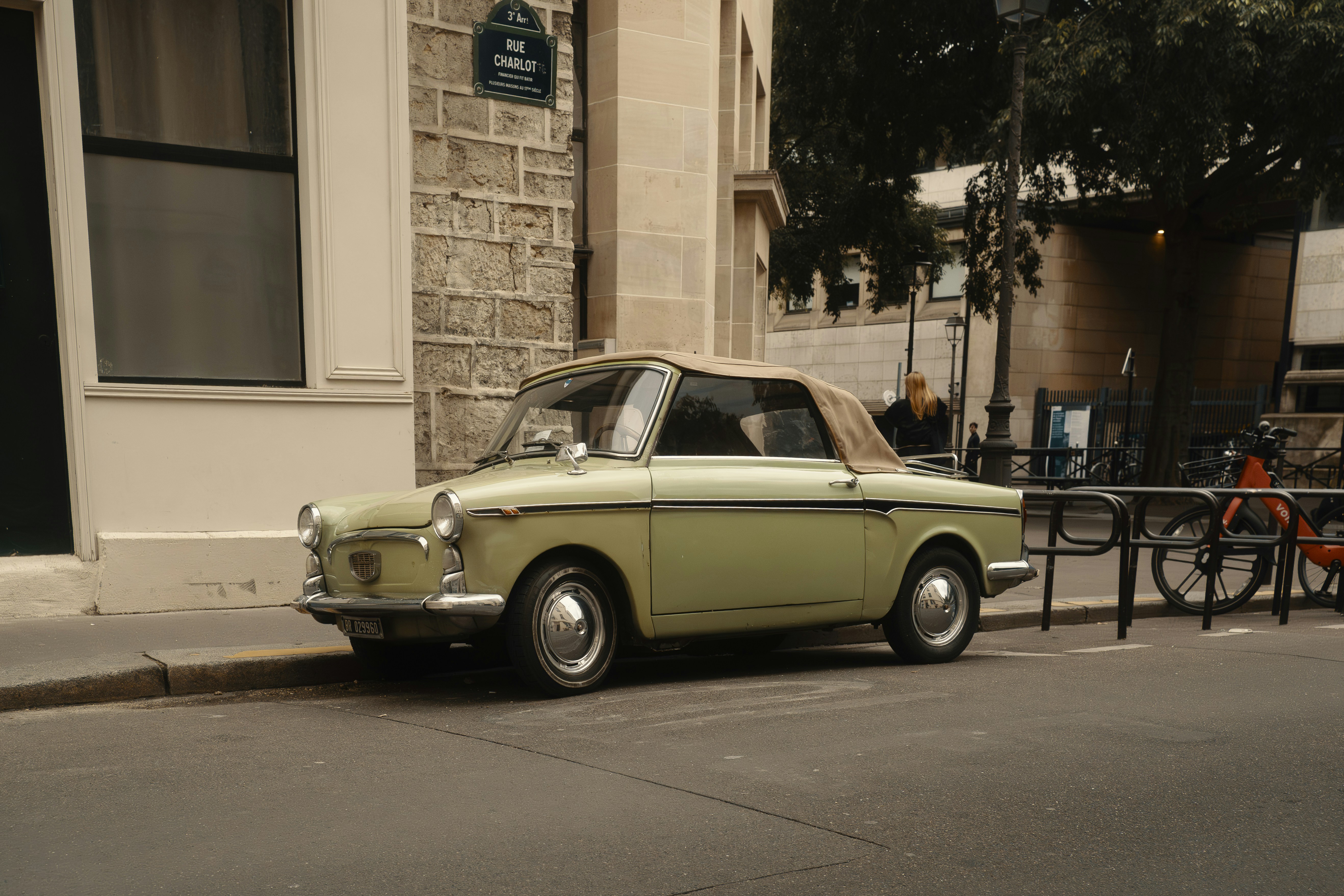 Pastel Green Classic on a Quiet Parisian Street