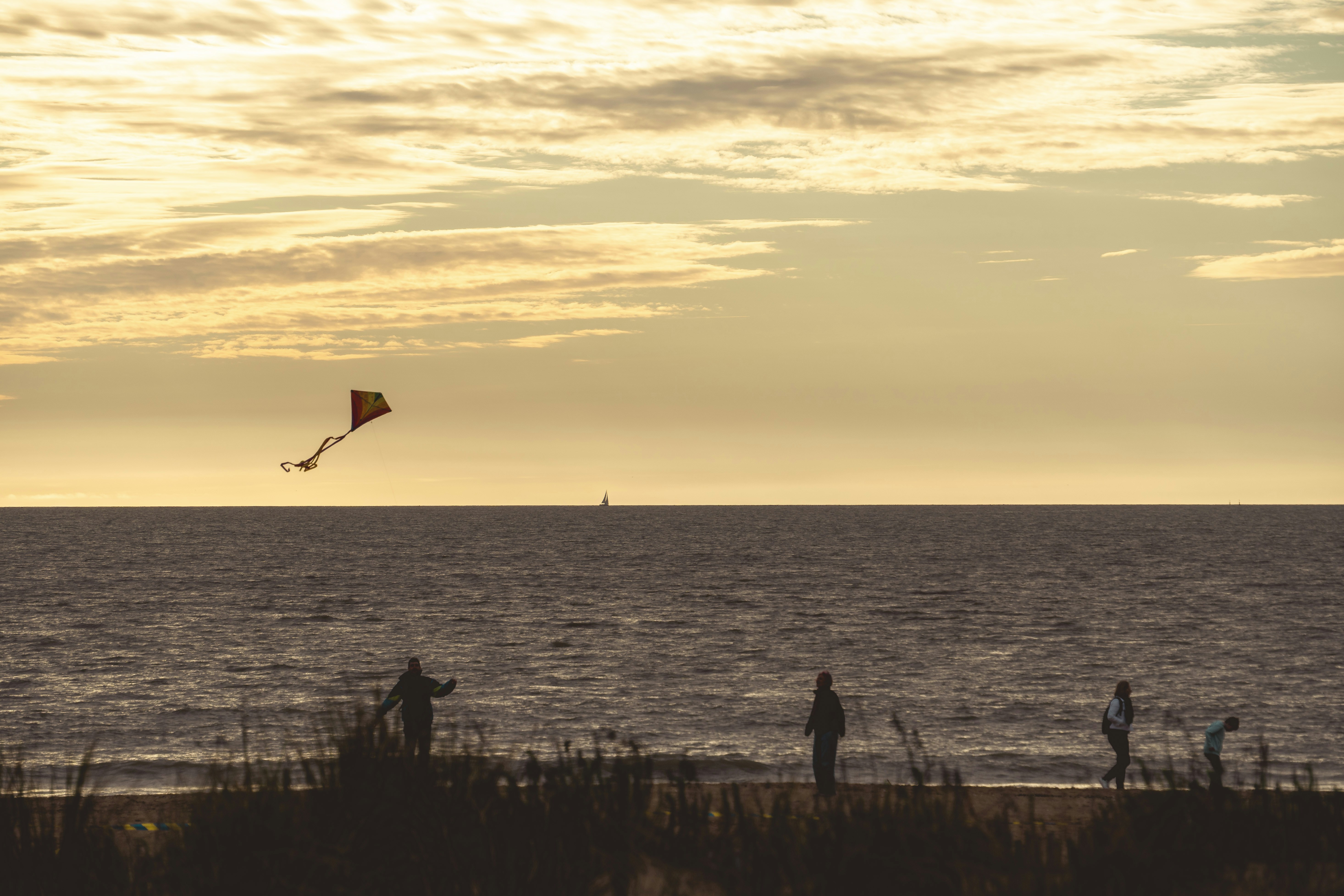 Kite and Silhouettes at Dusk on the Quiet Shore