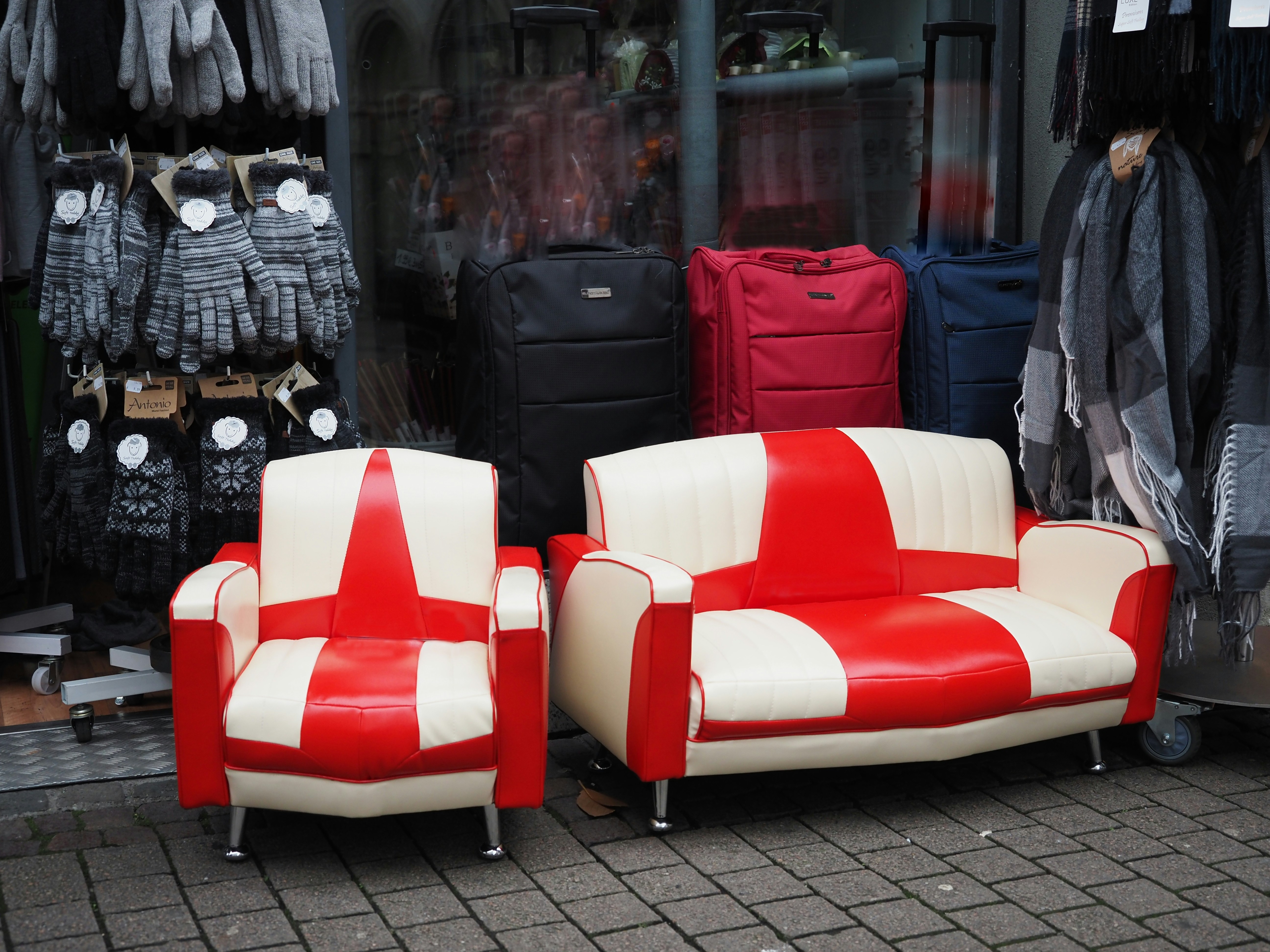 Red-and-cream Seating on a City Sidewalk