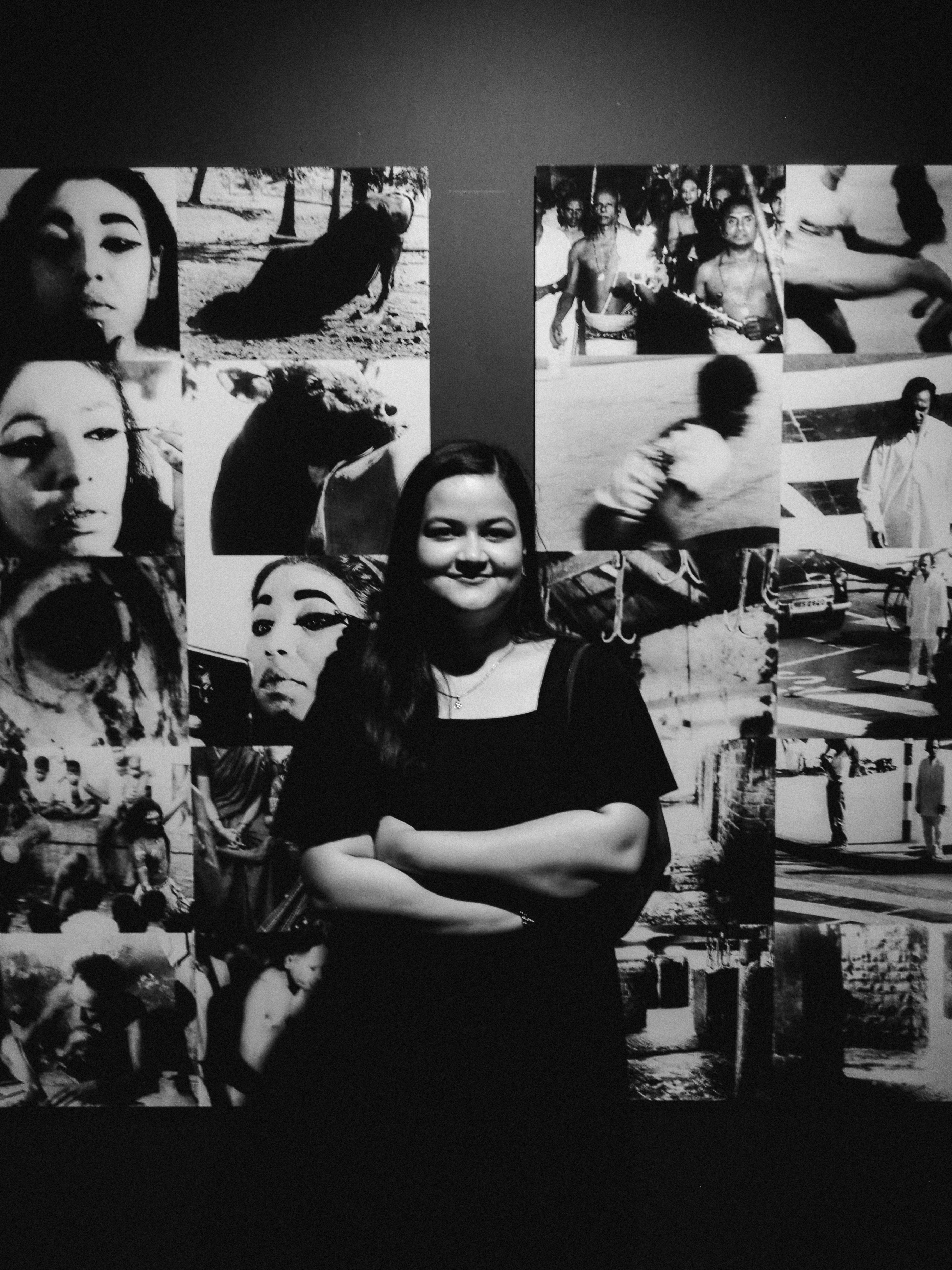Portrait Under Photo Mosaic: A Confident Smile Amid Collage Backdrop