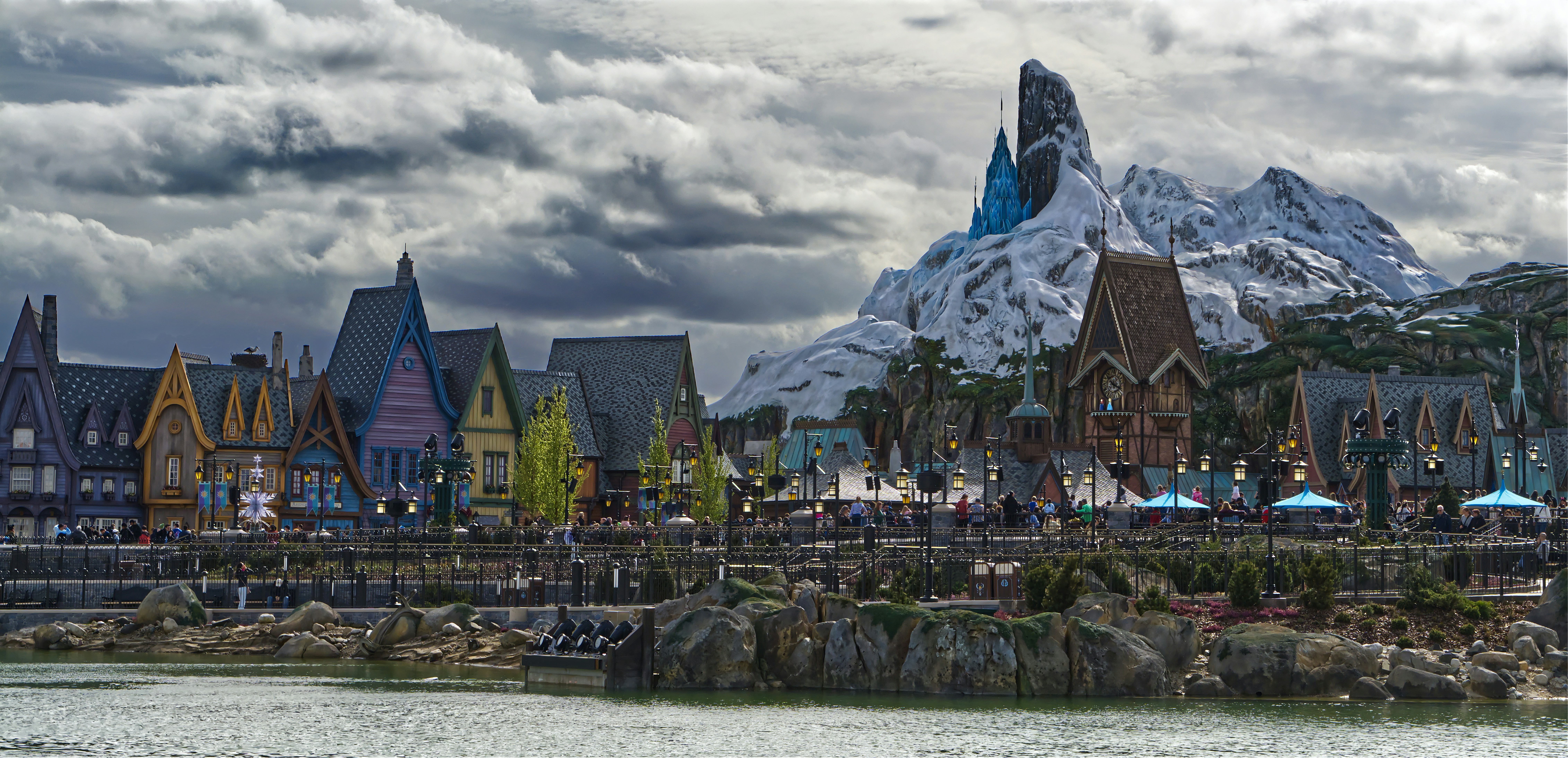 Snow-topped Peak over a Bavarian-style Village by the Water