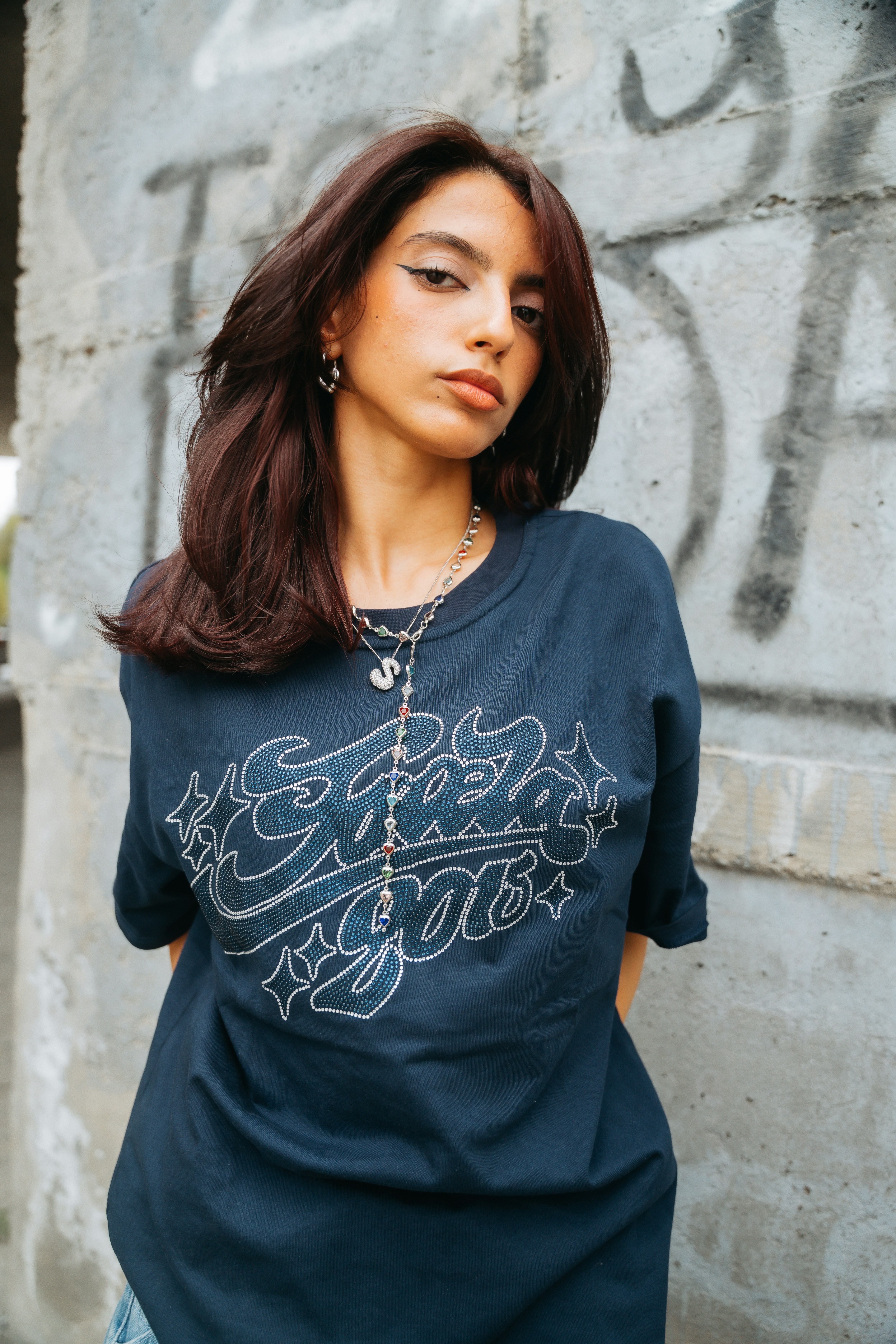 Neon Graffiti Portrait in Denim Midnight