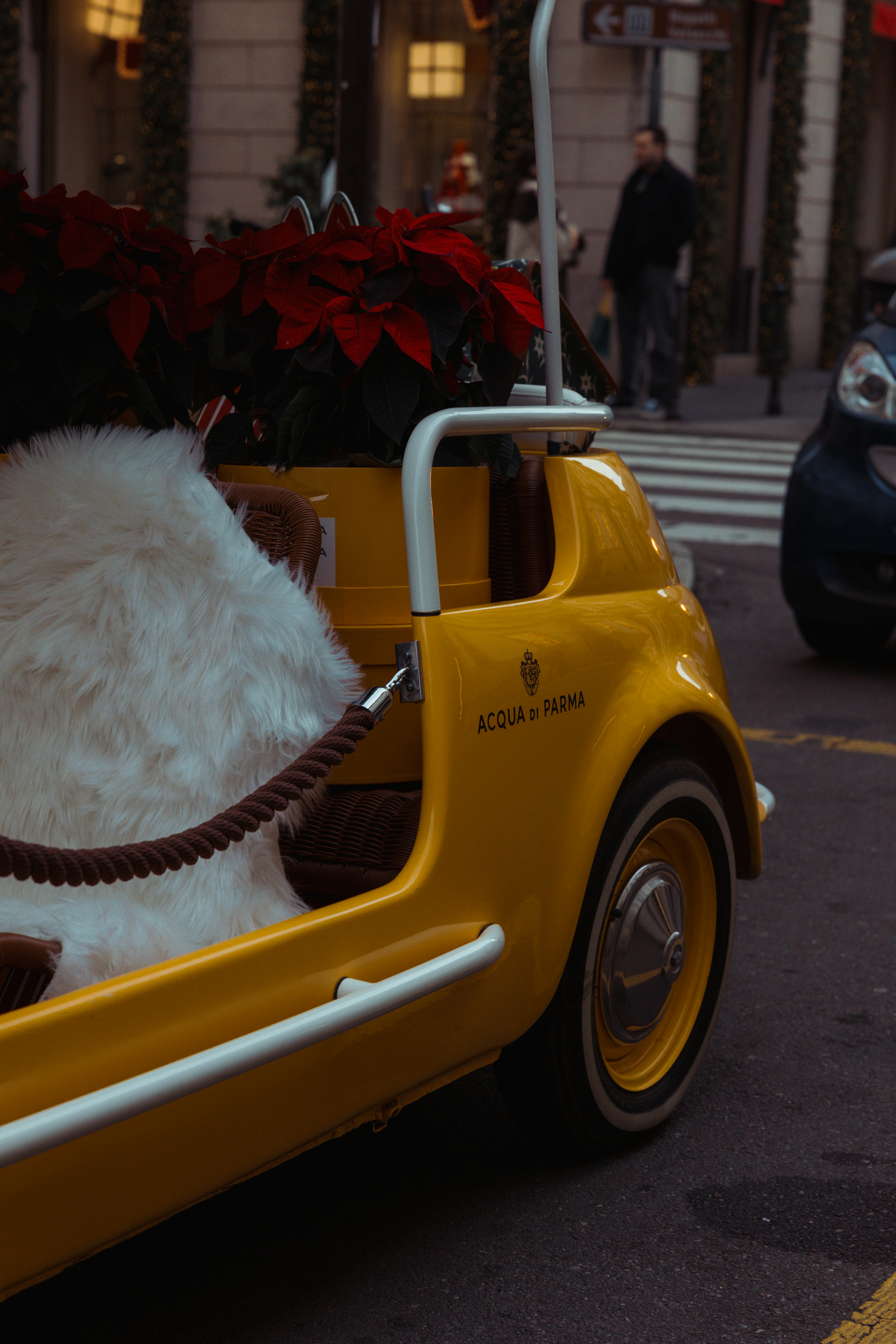 Yellow Pedicab Hideaway: A City Scene with Red Florals