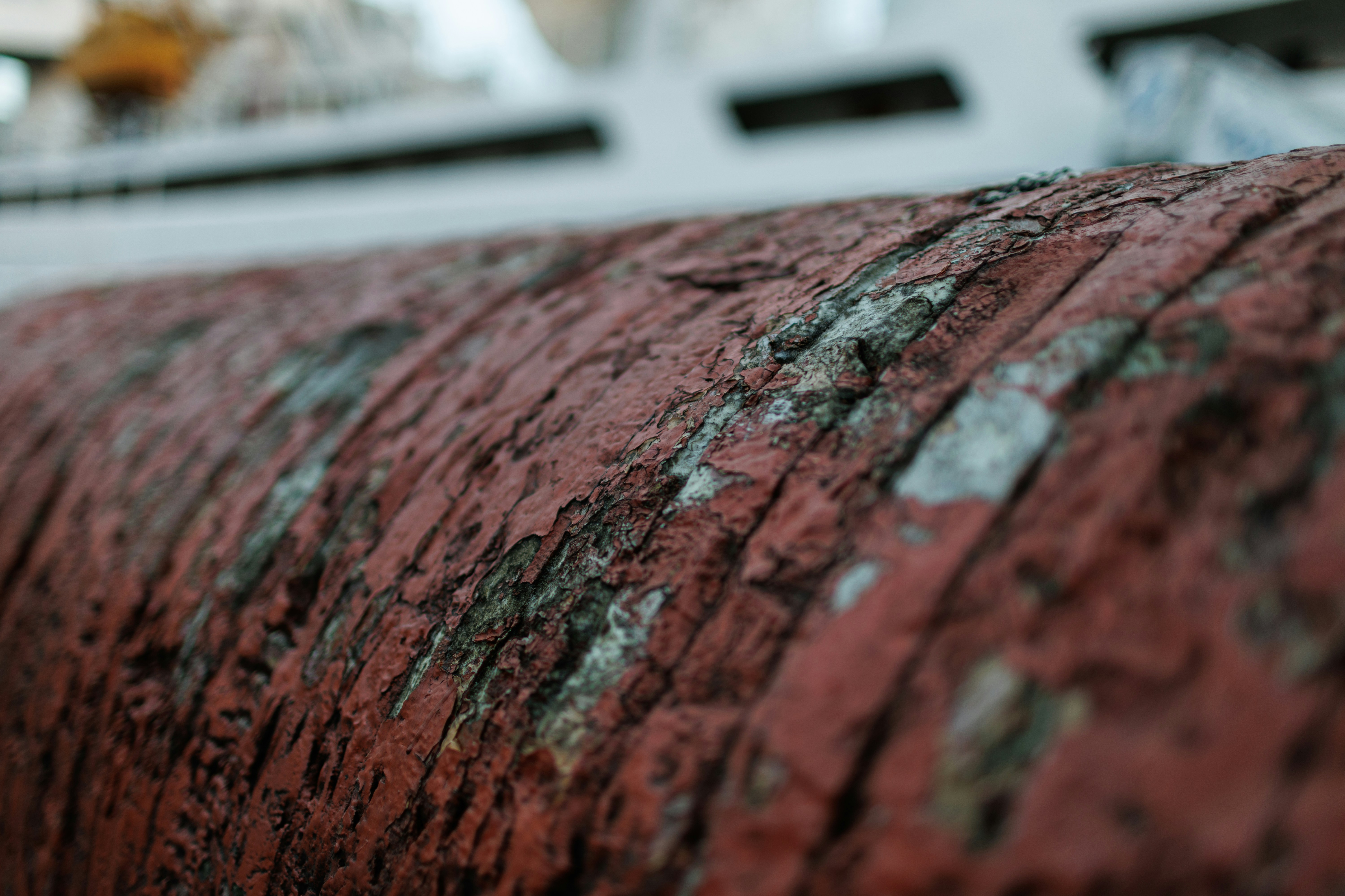 Weathered Red Brick: Close-Up of Mossy Texture and Paint Peeling