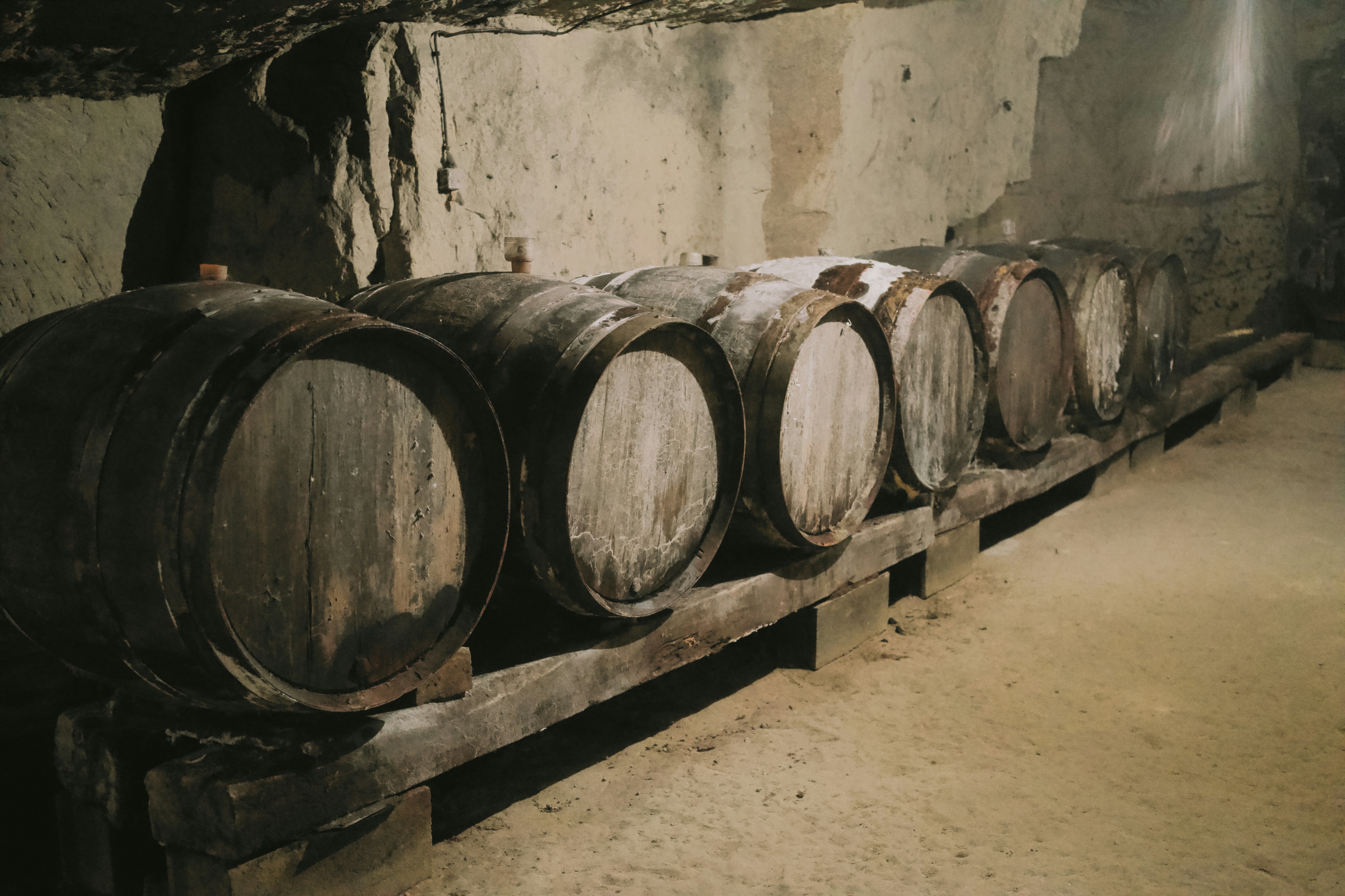 Row of Barrel Casks in Dim Tunnel