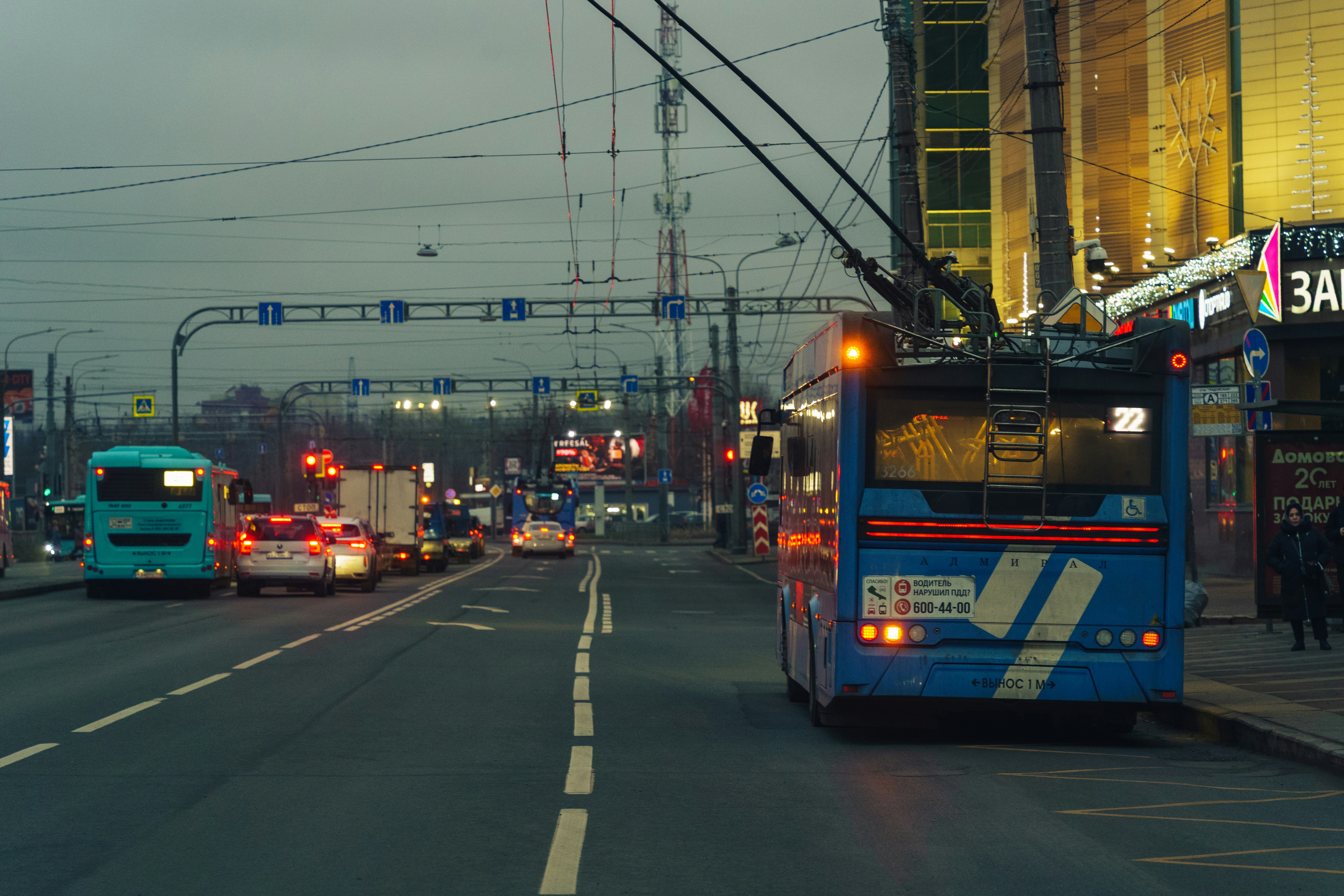 Blue tram at a city terminal: morning commute under electric wires