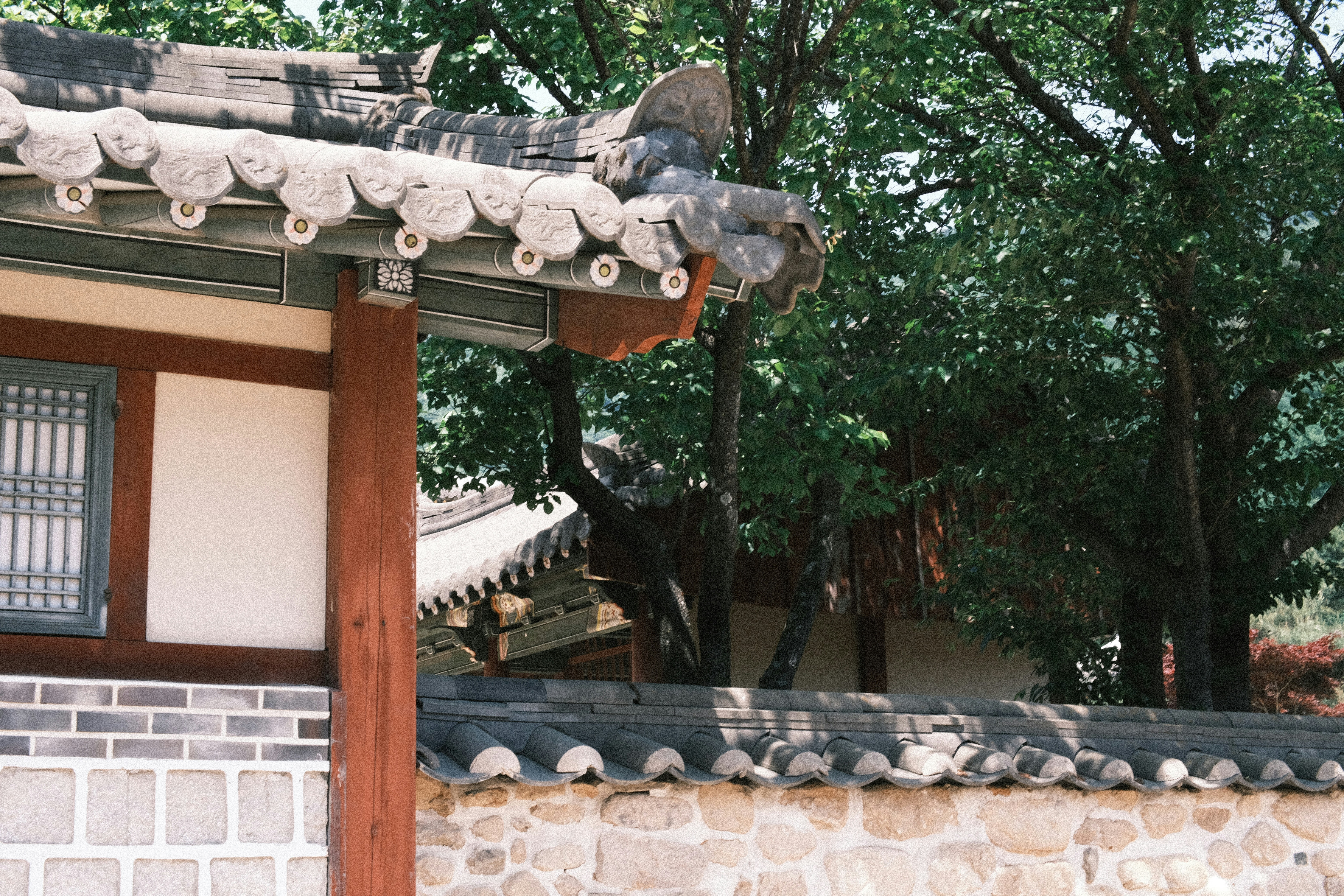 Hidden roofline and timbered corner of a traditional hanok