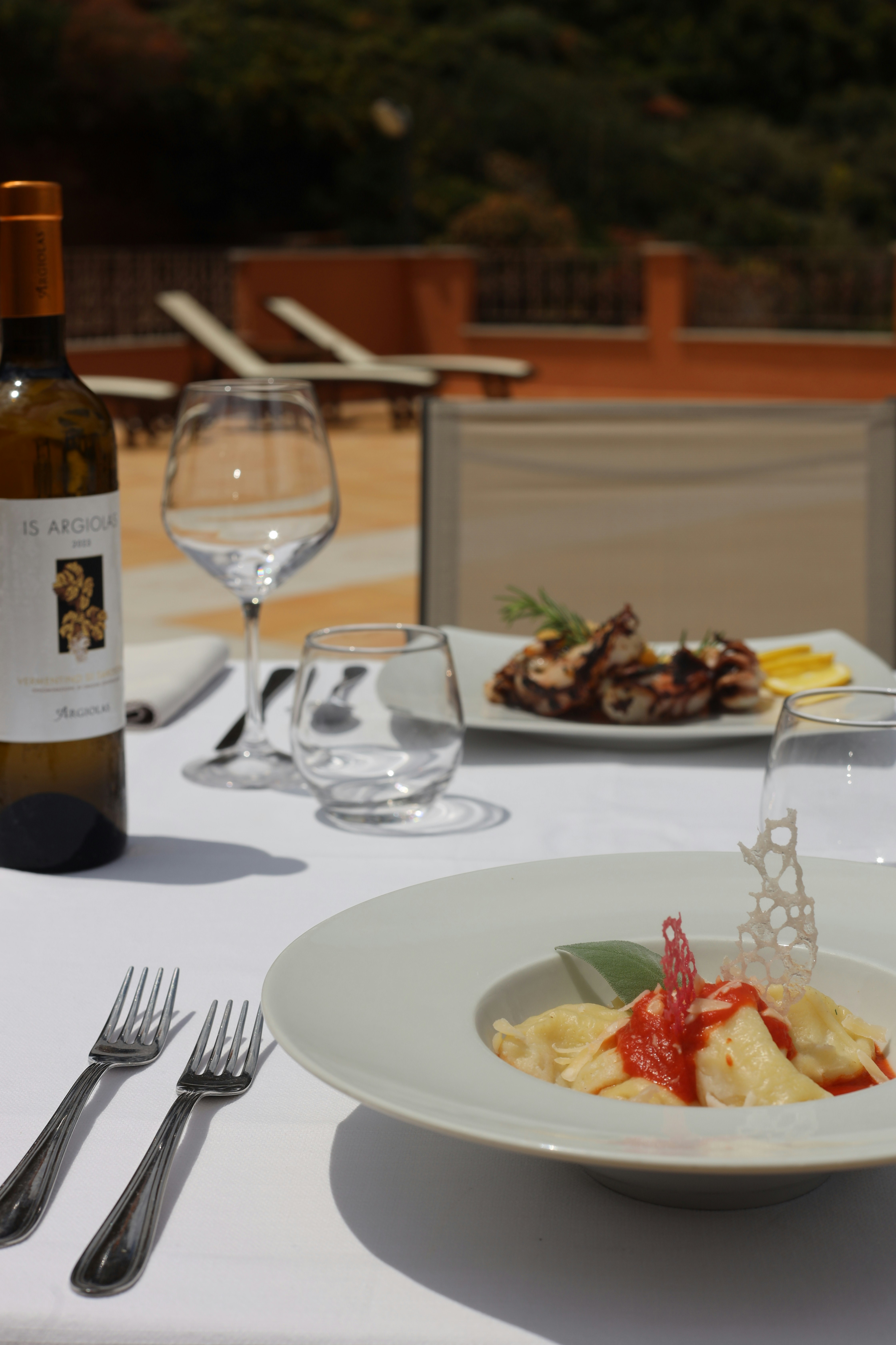 Gourmet Table by the Pool: Pasta, Wine, and Glassware in Soft Afternoon Light