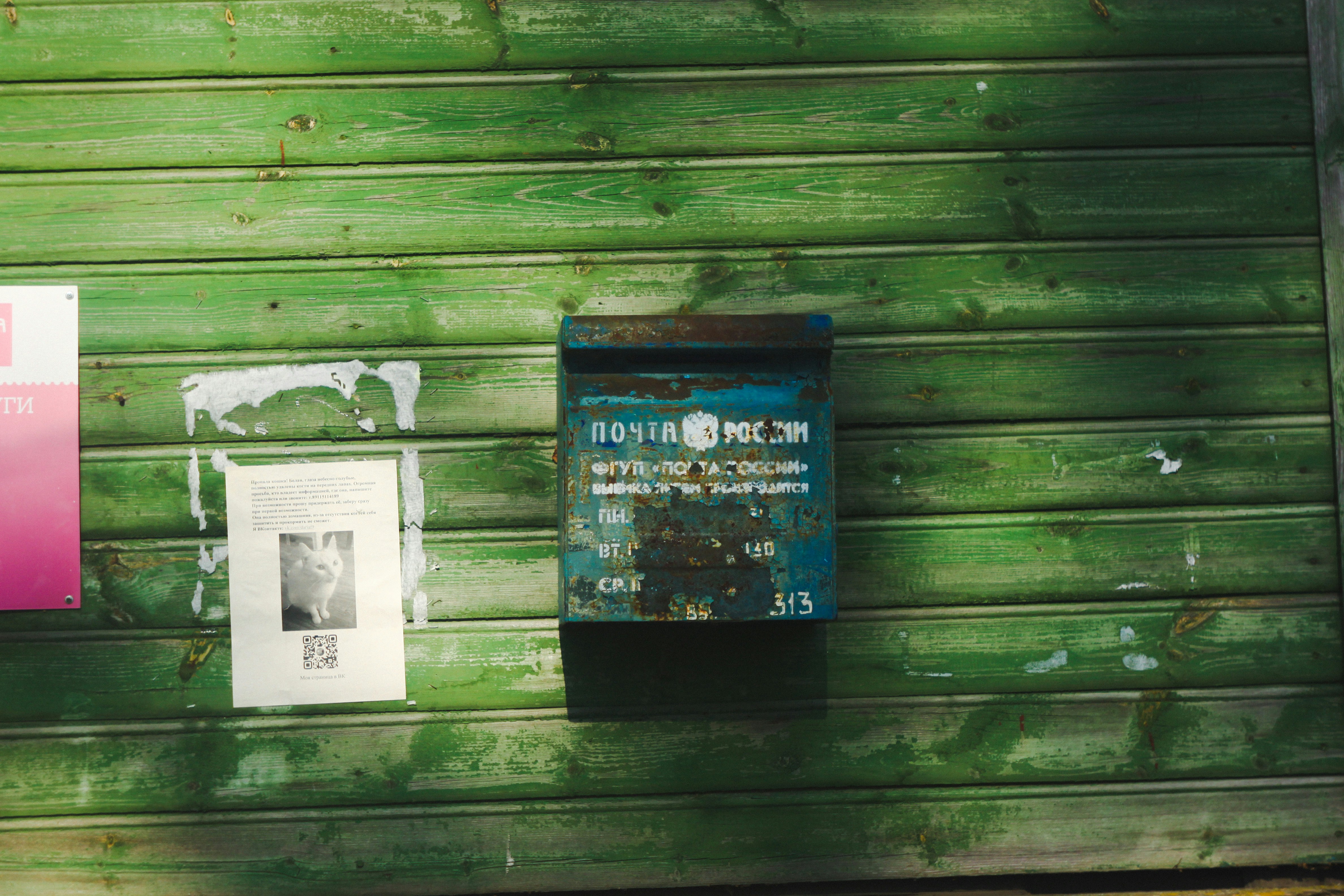 Blue Mailbox on a Weathered Green Wall