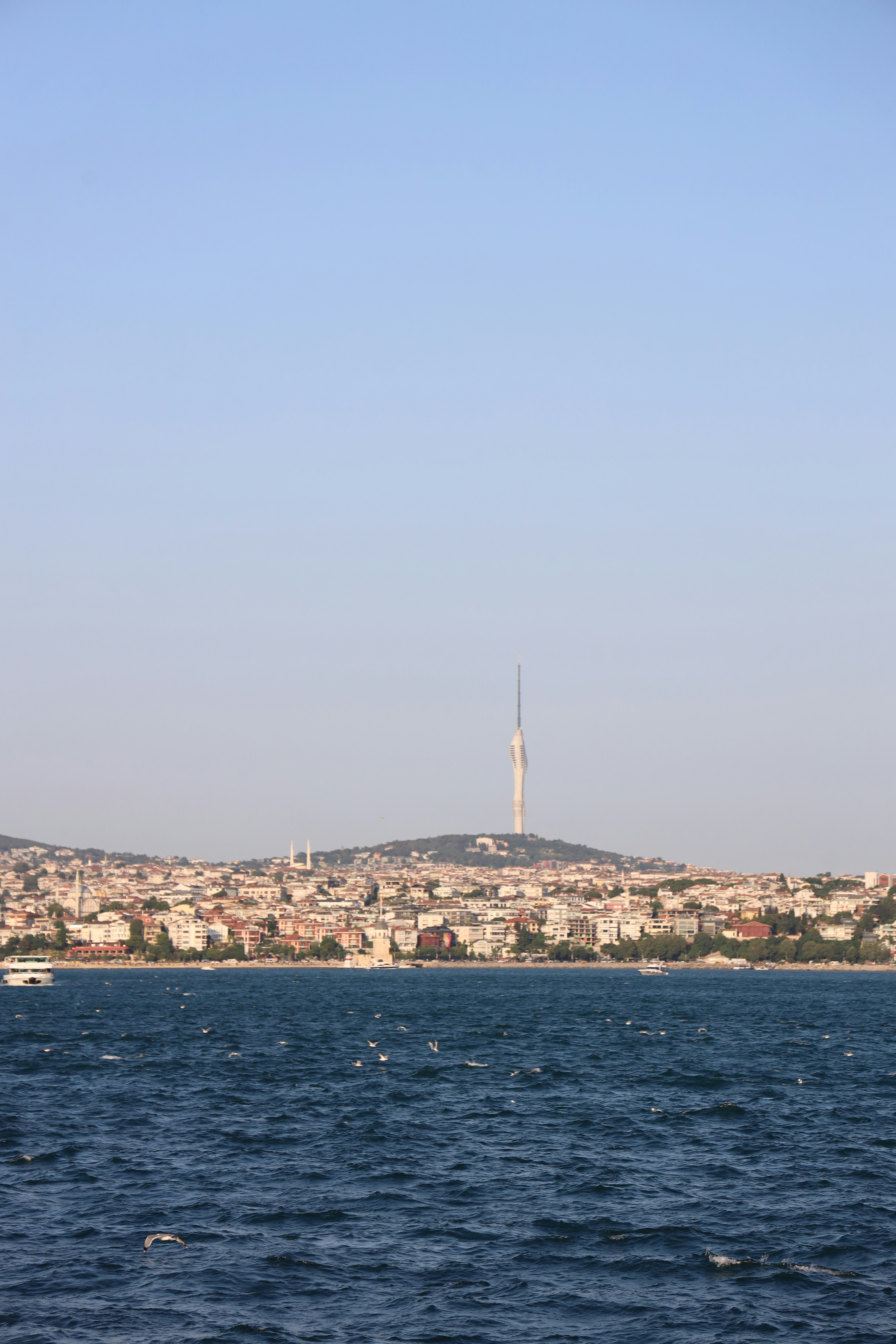Coastal City Silhouette with Tower Piercing the Calm Horizon