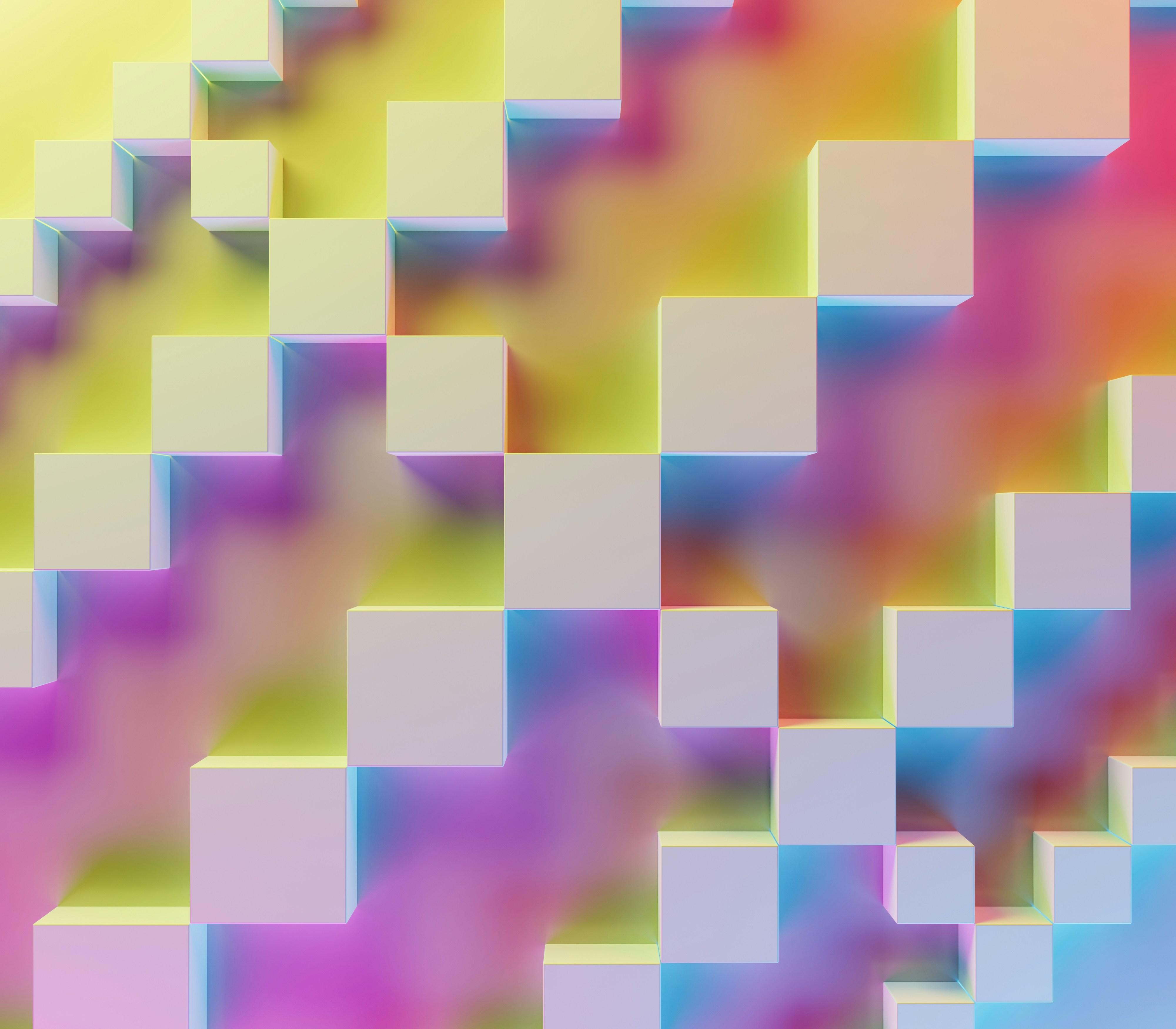 Prismatic Steps: A Cascade of Soft Cubes in Neon Haze