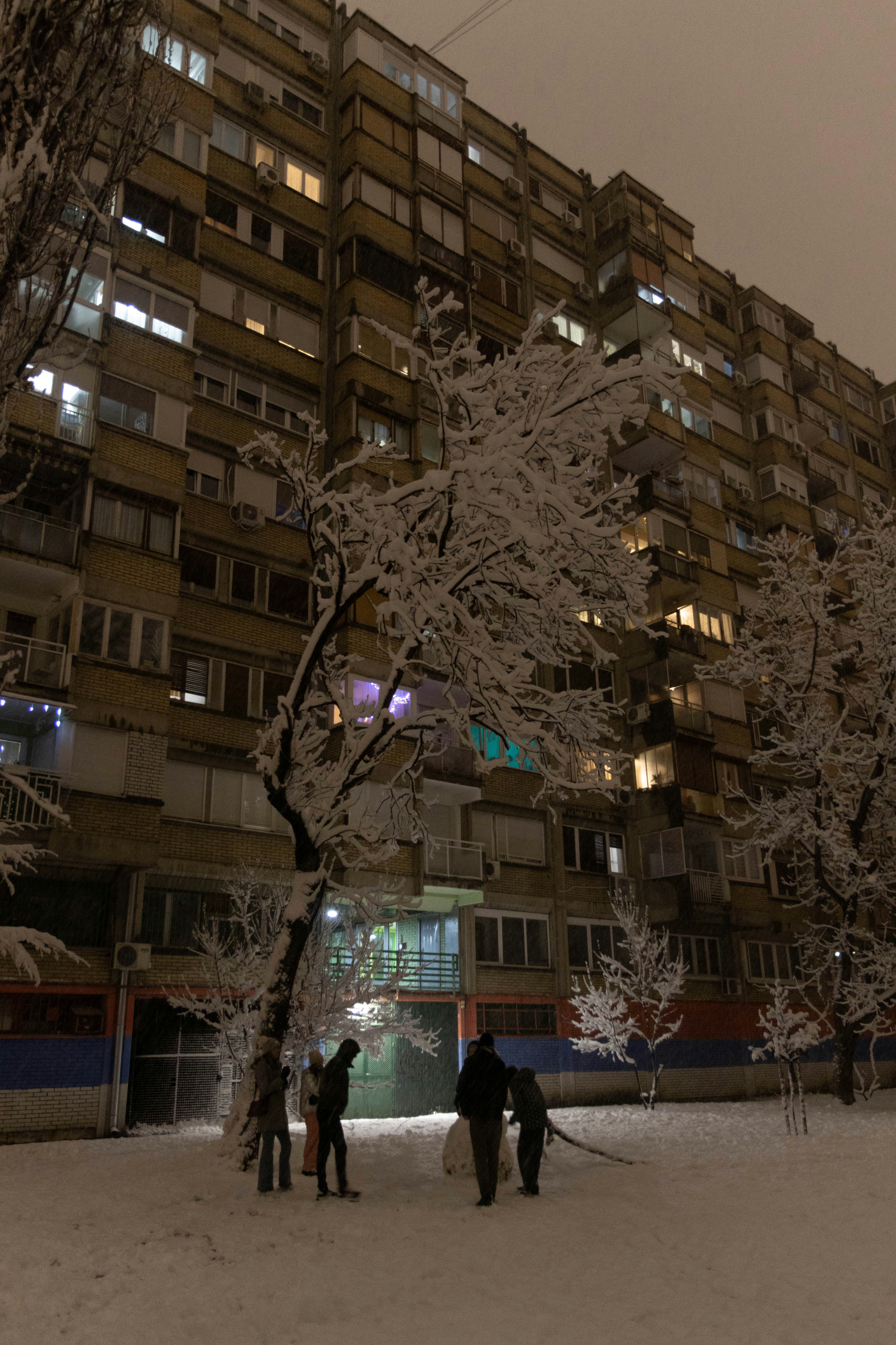 Night in the Snow: A City Block’s Quiet Figure under Neon Light