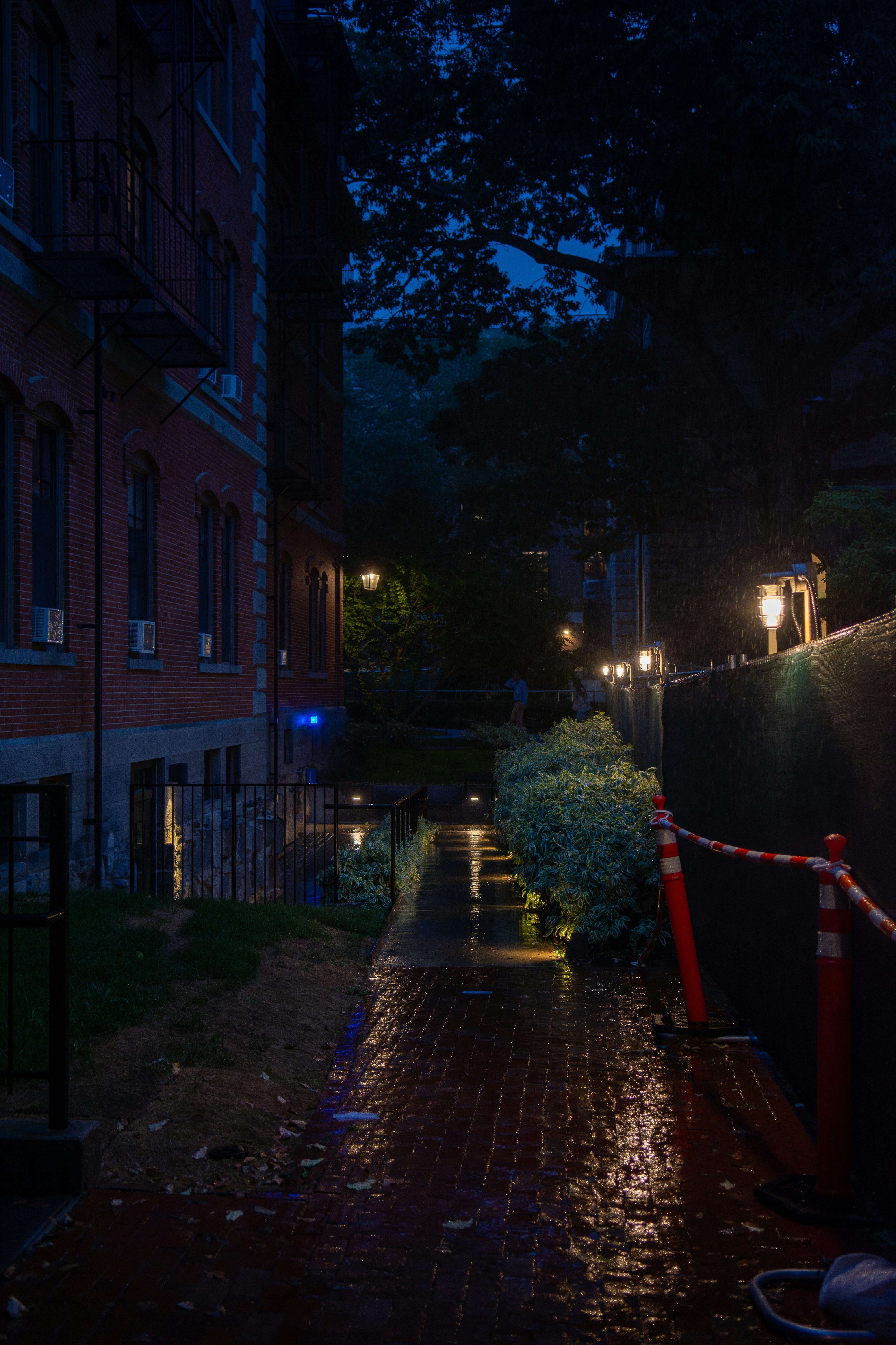 Midnight Alley After Rain: Neon Reflections on Brick and Brickpath