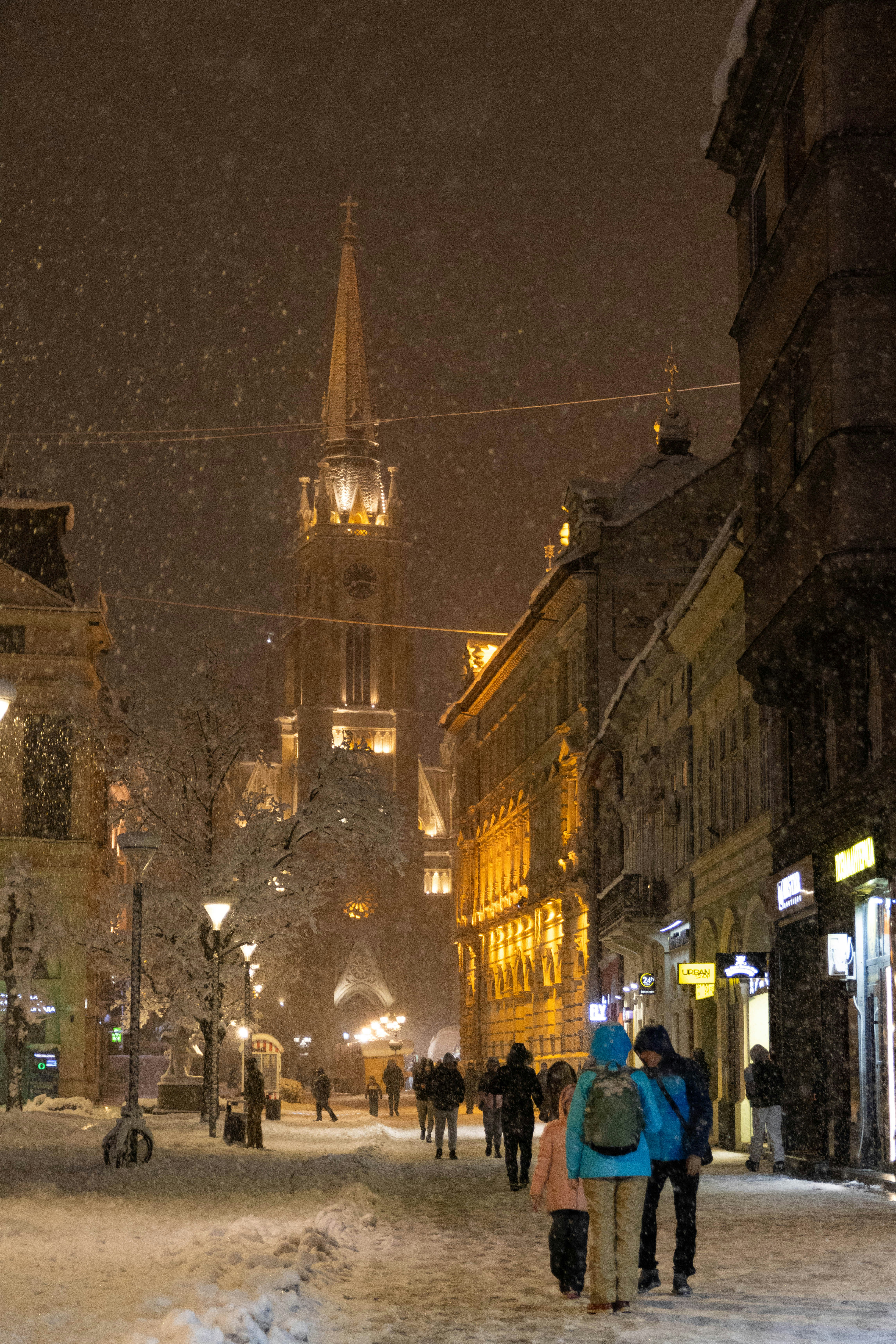 Snow-lit St. Michael’s Clocktower Beneath a Snowfall