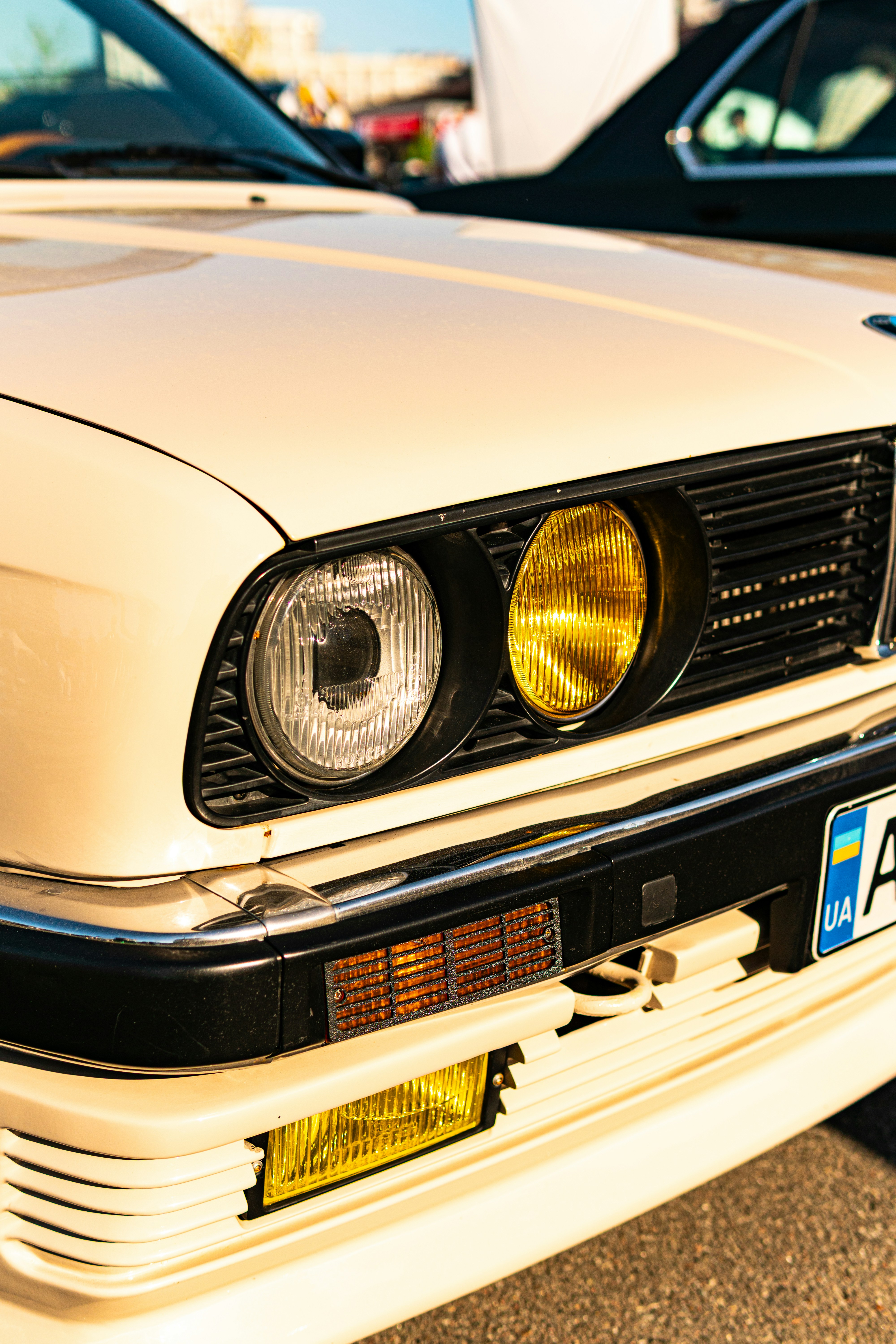 Amber-eyed classic: the car's front grille and dual headlights in sharp focus
