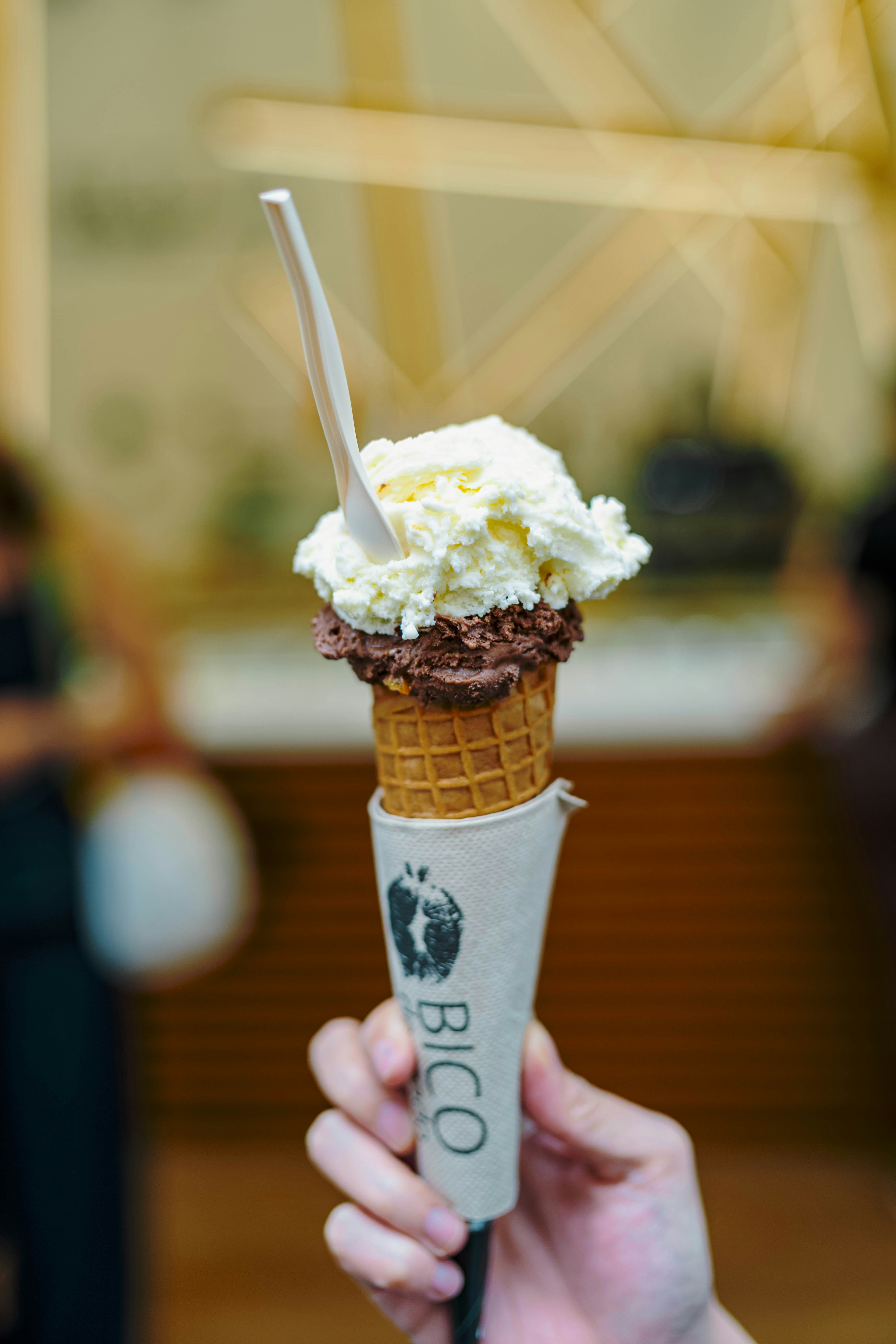 Scooped Delight: Triple-Tone Gelato Cone in Focus