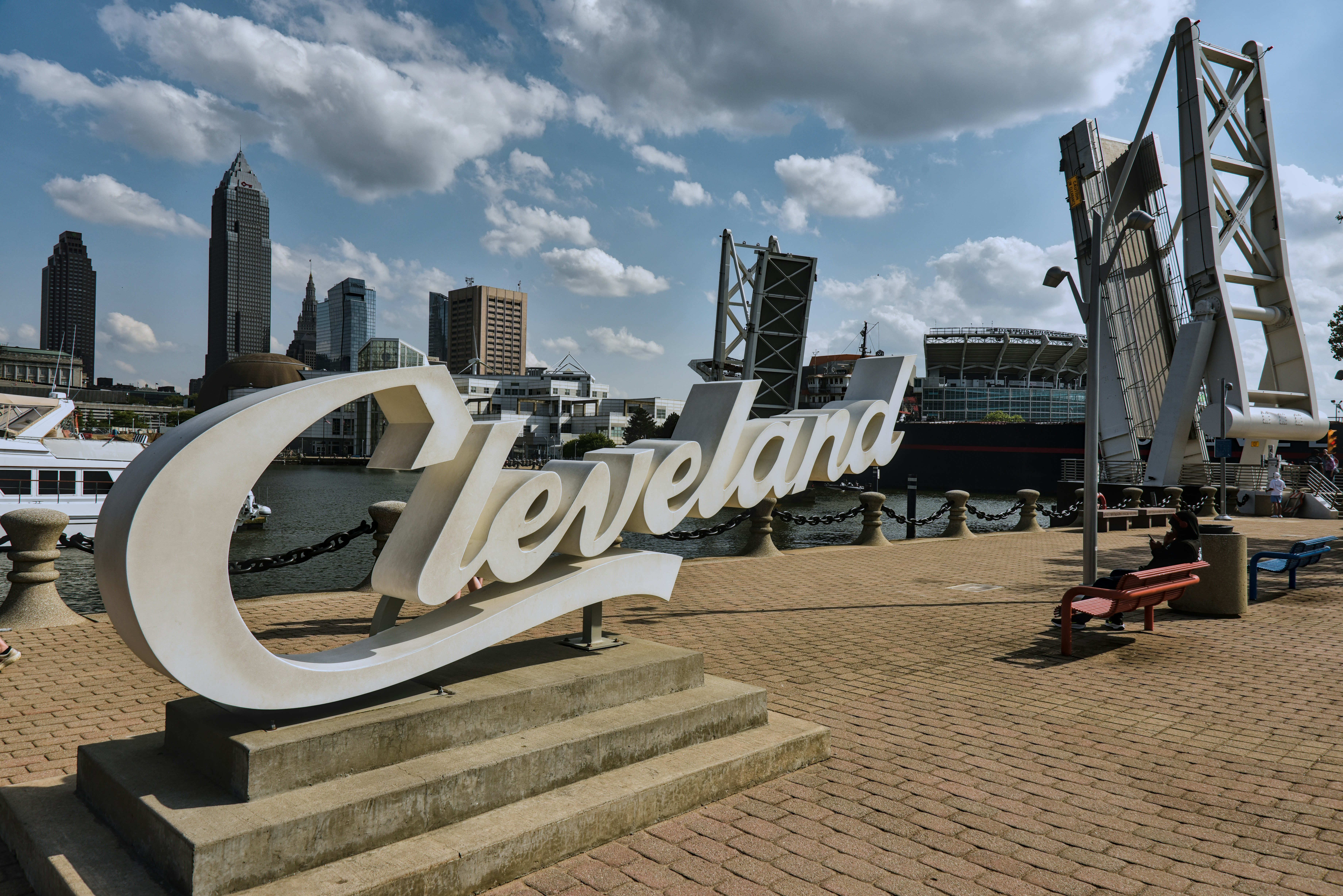 Cleveland Welcome: The Curved Script by the Waterfront