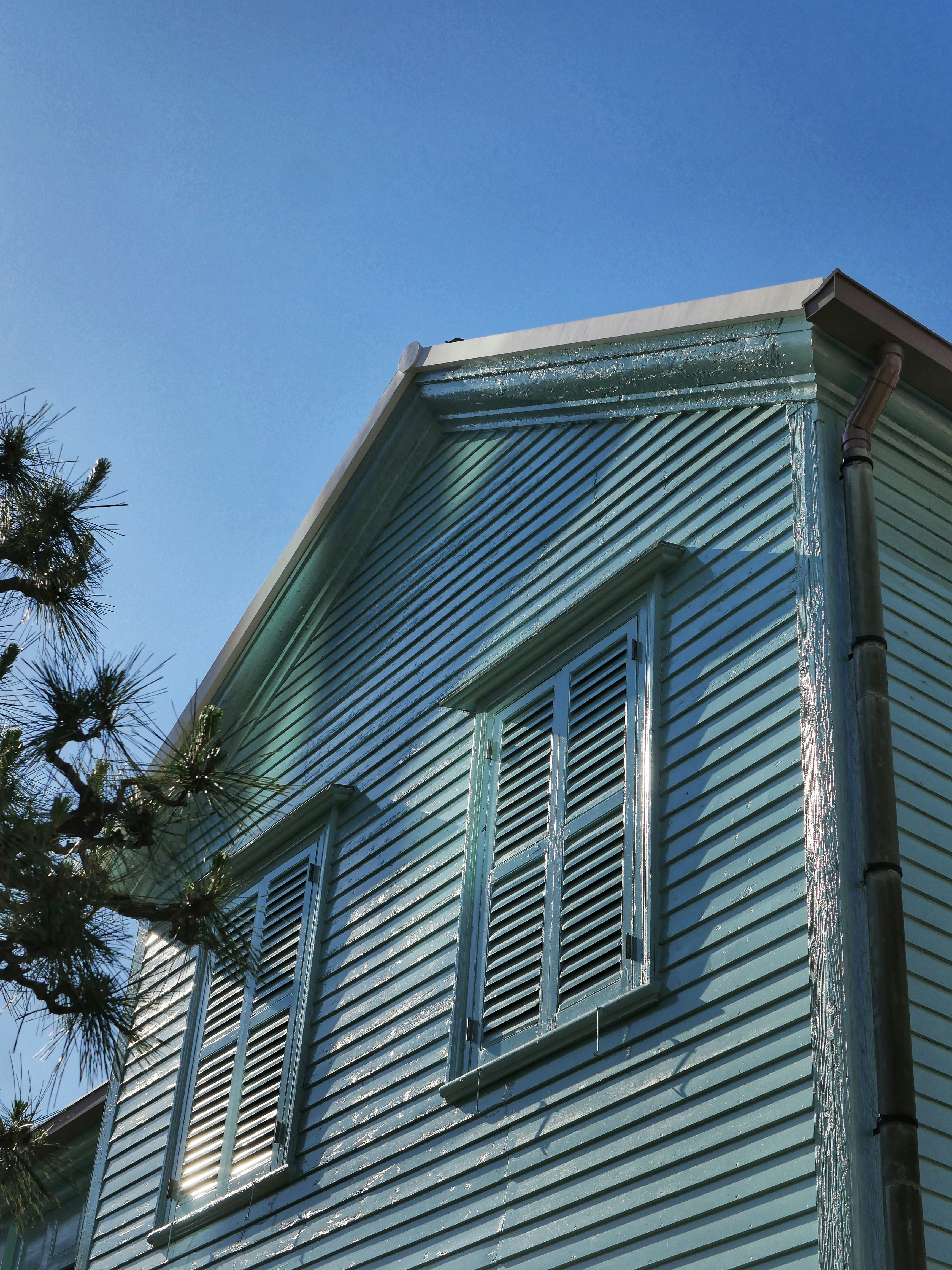 Blue-Washed Siding and Window Frames on a Sunlit House