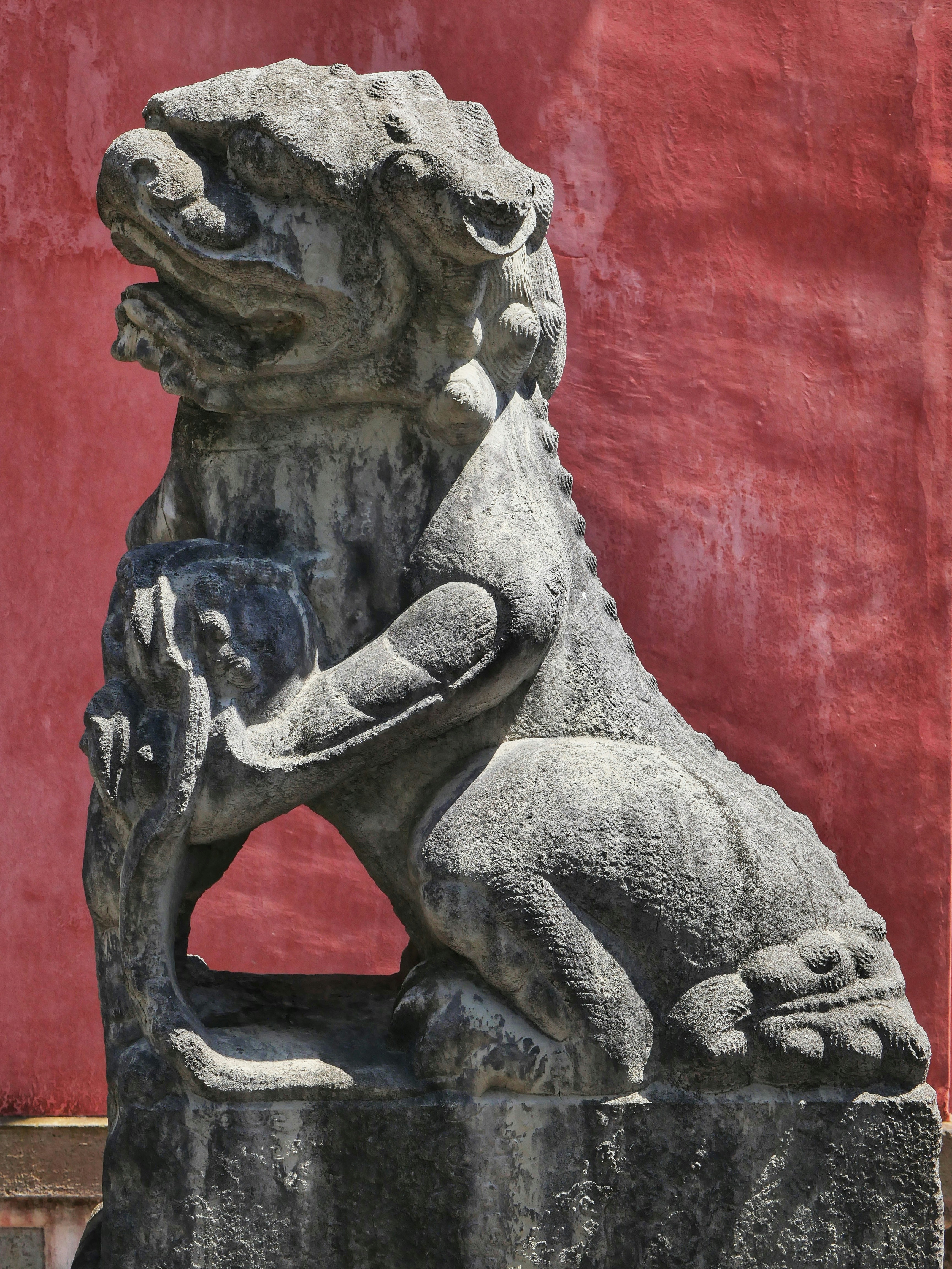Stone guardian against a red wall: a weathered lion statue in profile