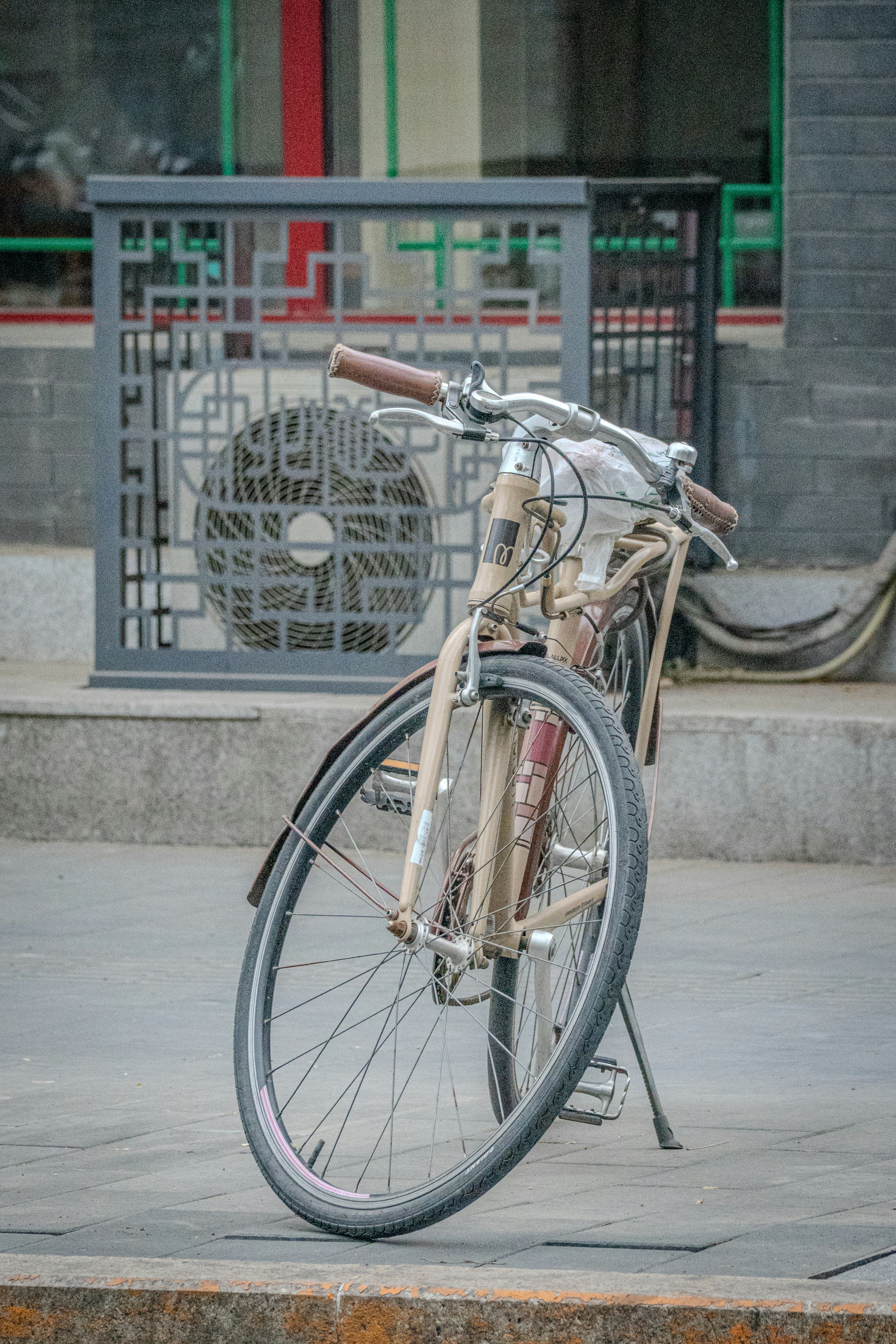 Urban Rider: A Brown Bicycle Adrift Against the City Rail