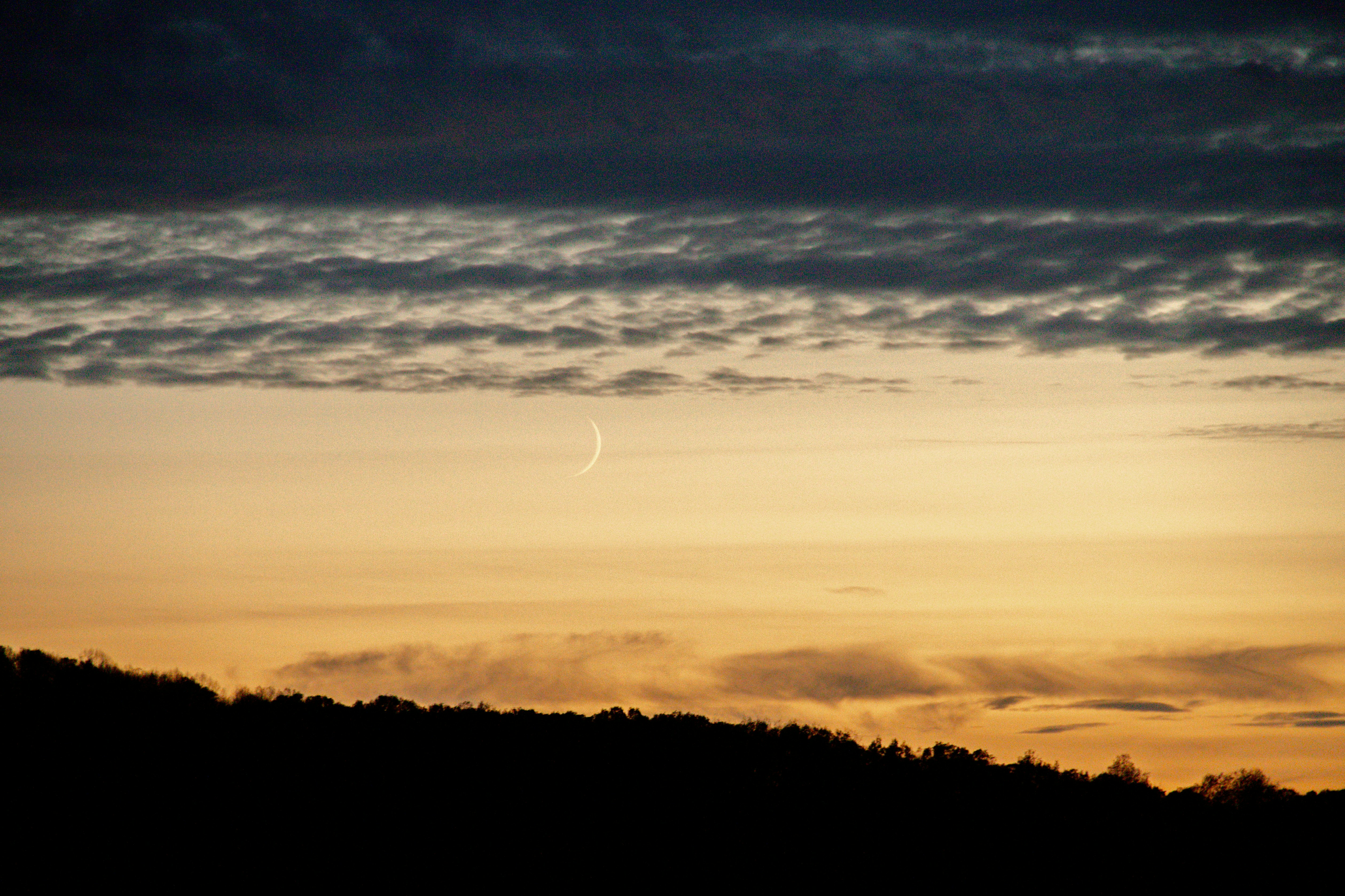 Crescent at Dusk over a Silhouetted Horizon