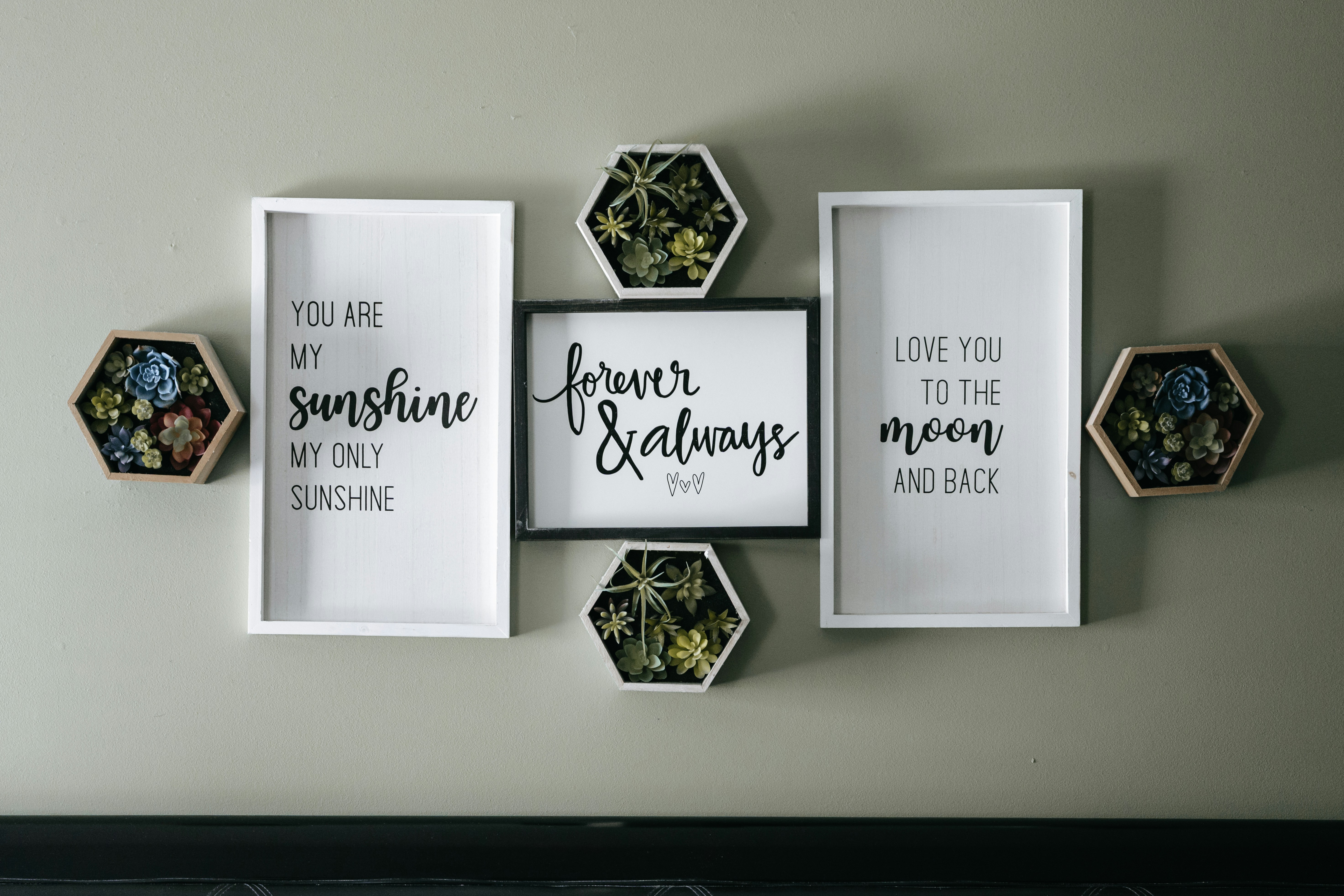 Wall Art Harmonies: Framed Quotes with Hexagonal Verdure