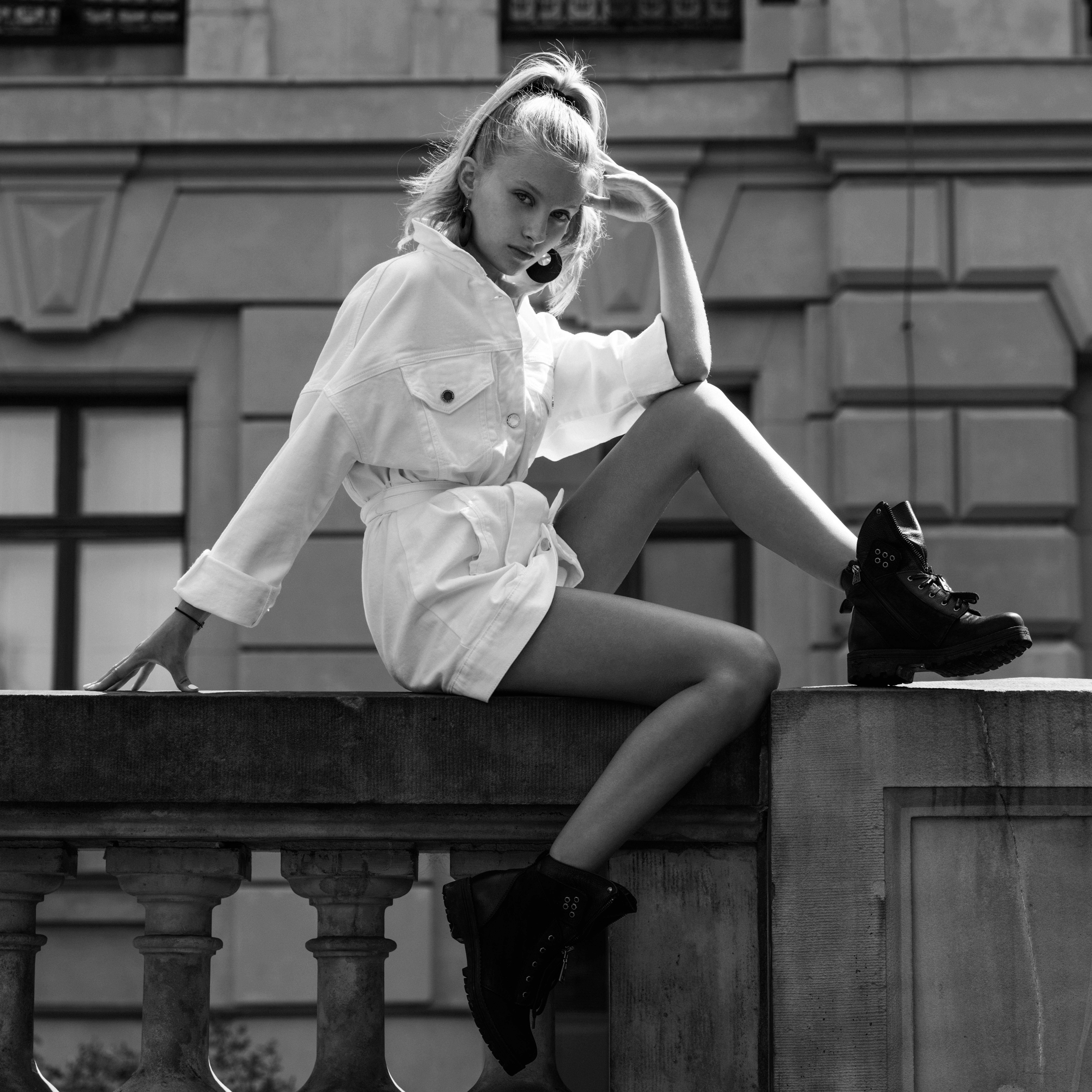 Urban Confidence: A Rooftop Pose in Monochrome