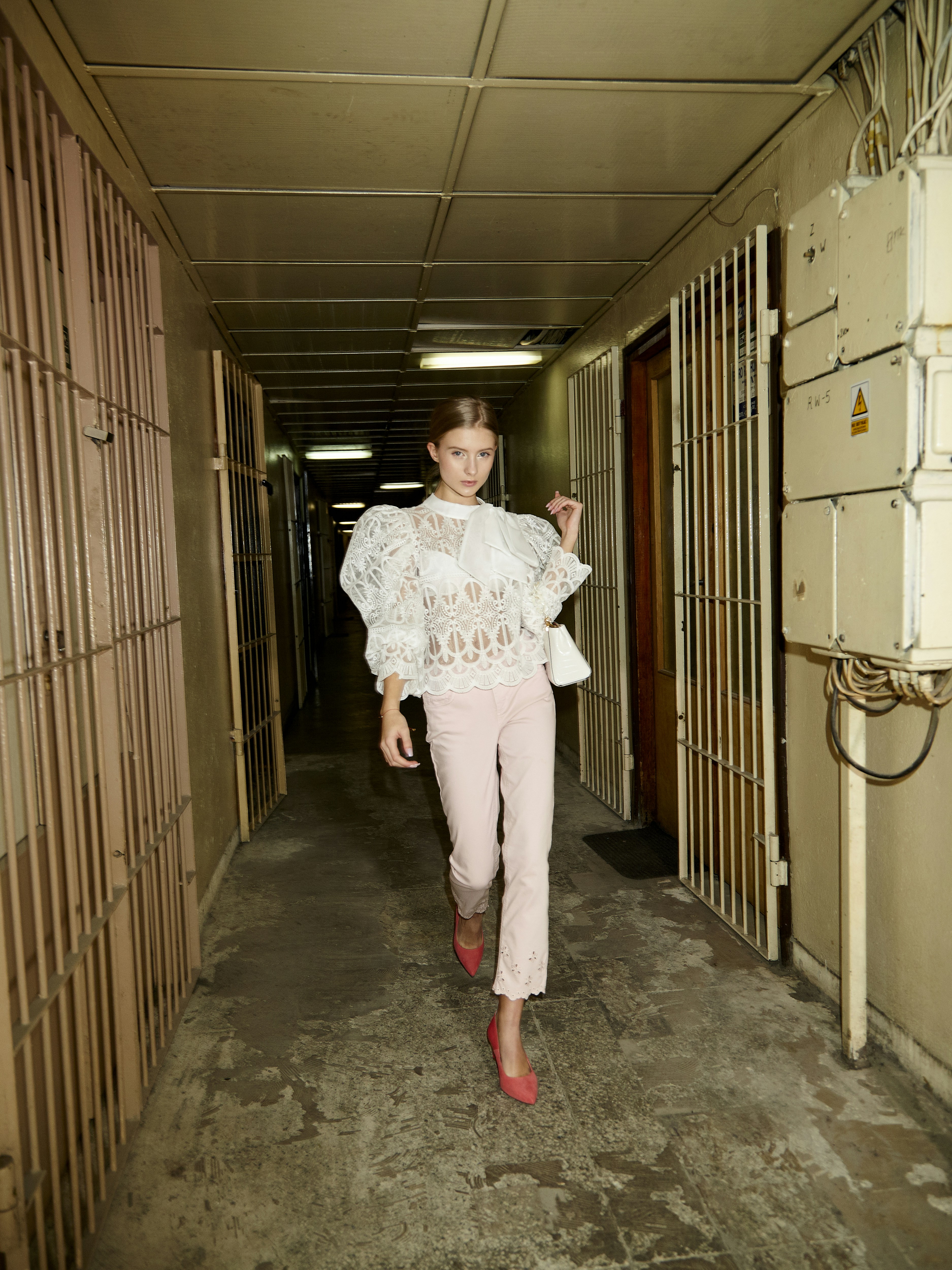 Pastel Power Walk: Velvet Lace through the Corridor