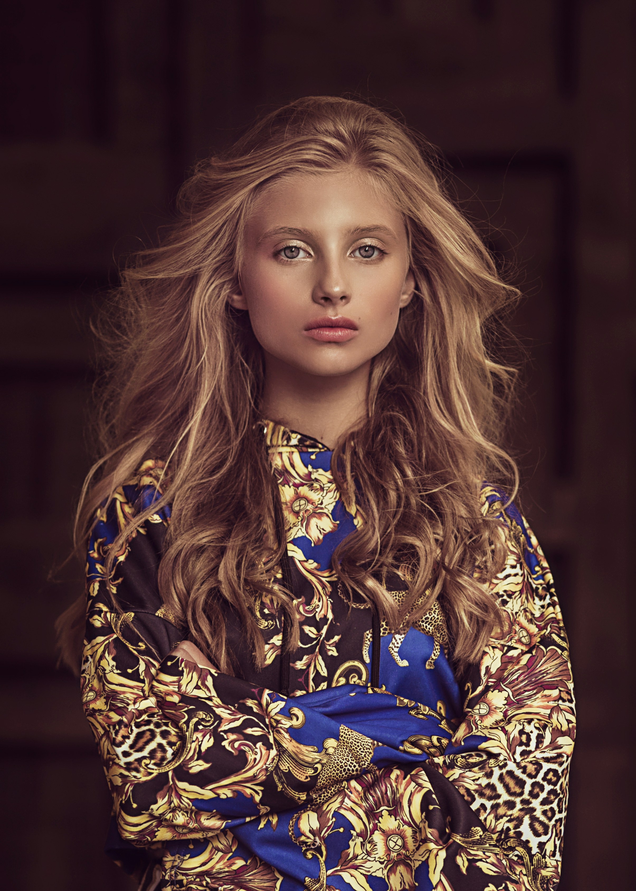 Portrait of a Golden Hour: Graceful Poise in Patterned Silk