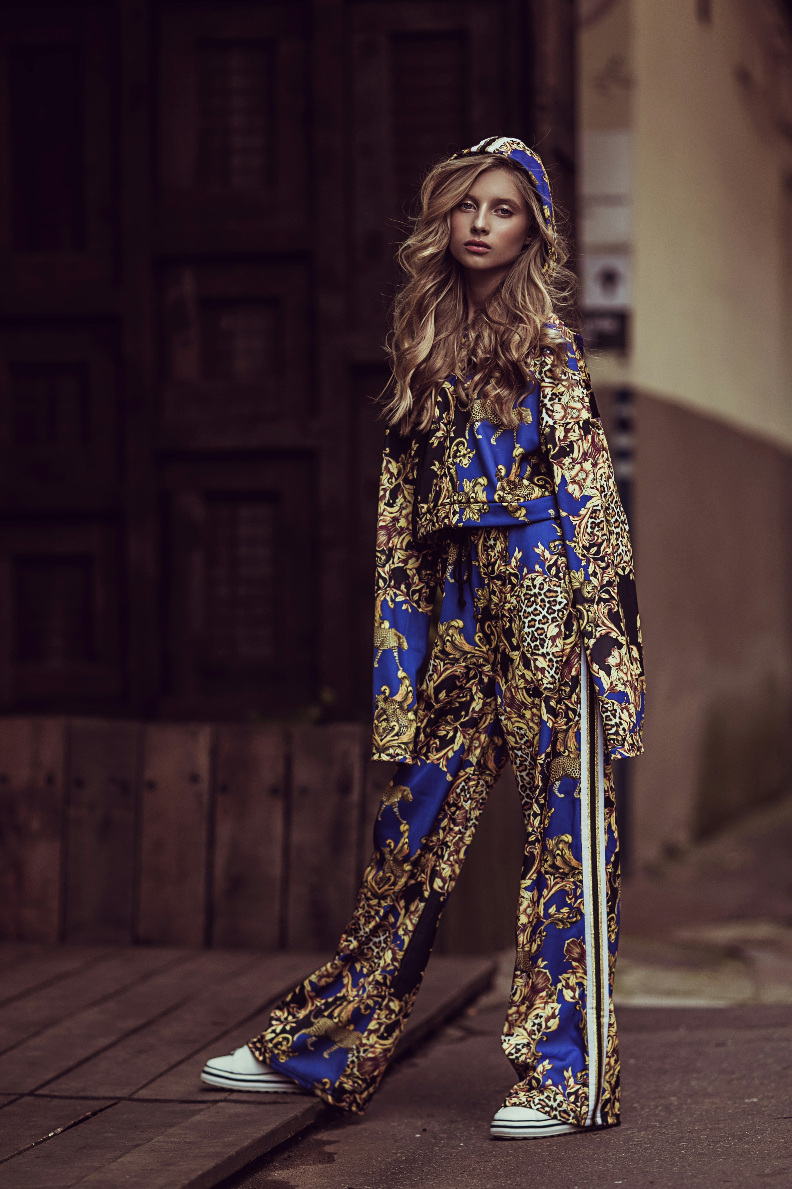 Ornate Blue-Gold Flow: A Streetwear Reverie