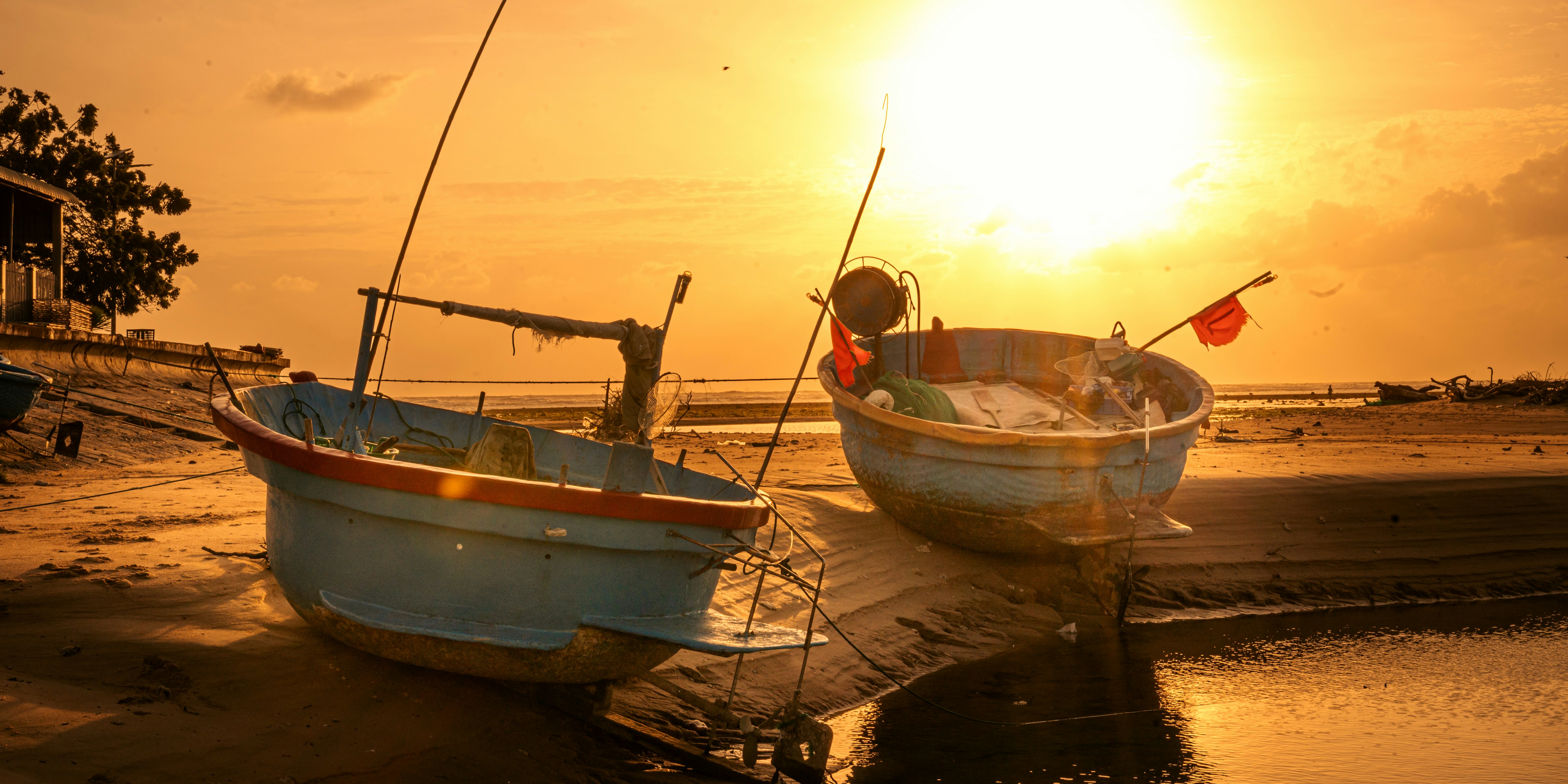Sunlit Shore, Two Boats at Dusk