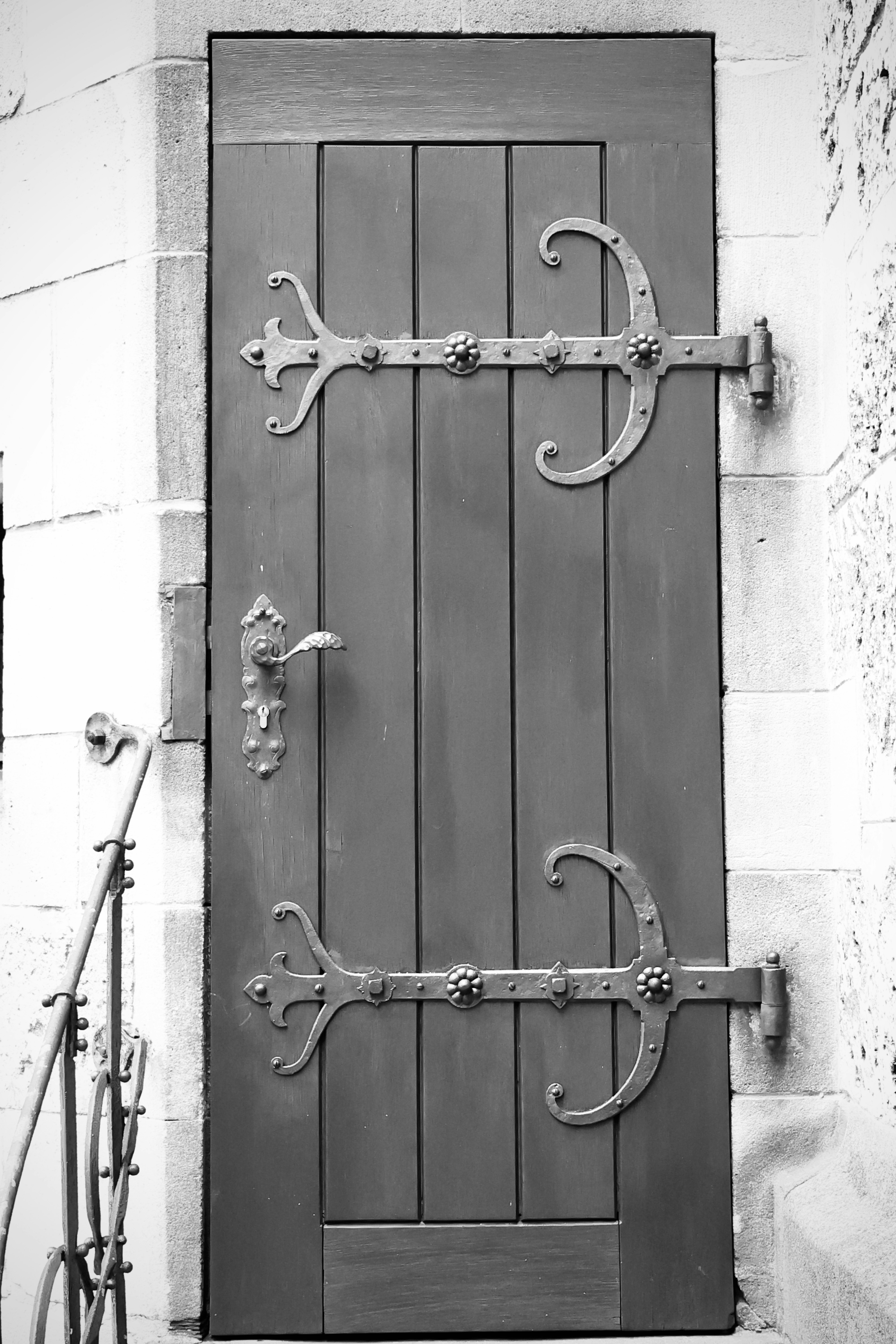 Door to Antiquity: A Dark Timber Portal with Ornate Ironwork