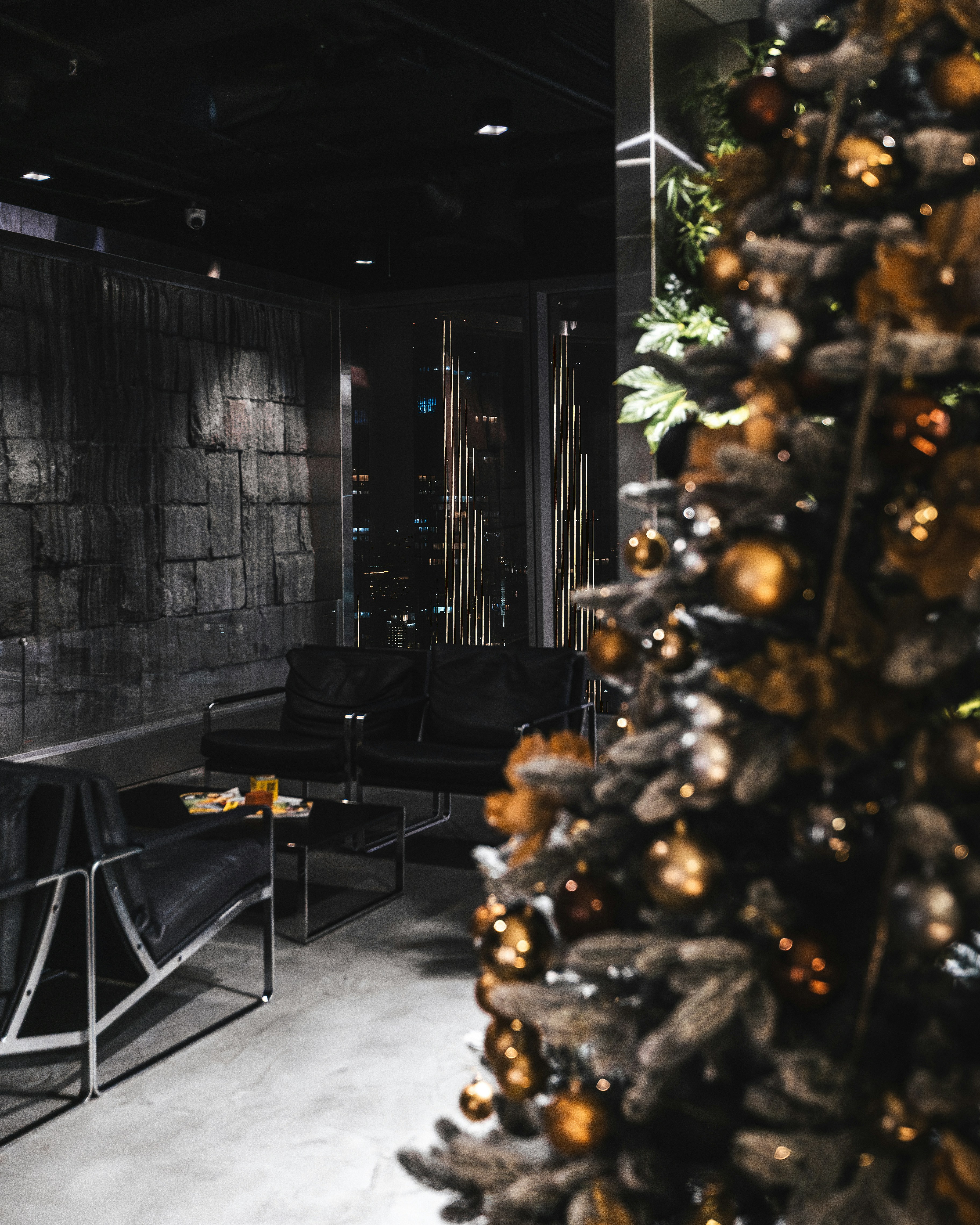 Midnight Lounge Under Glowing Ornaments